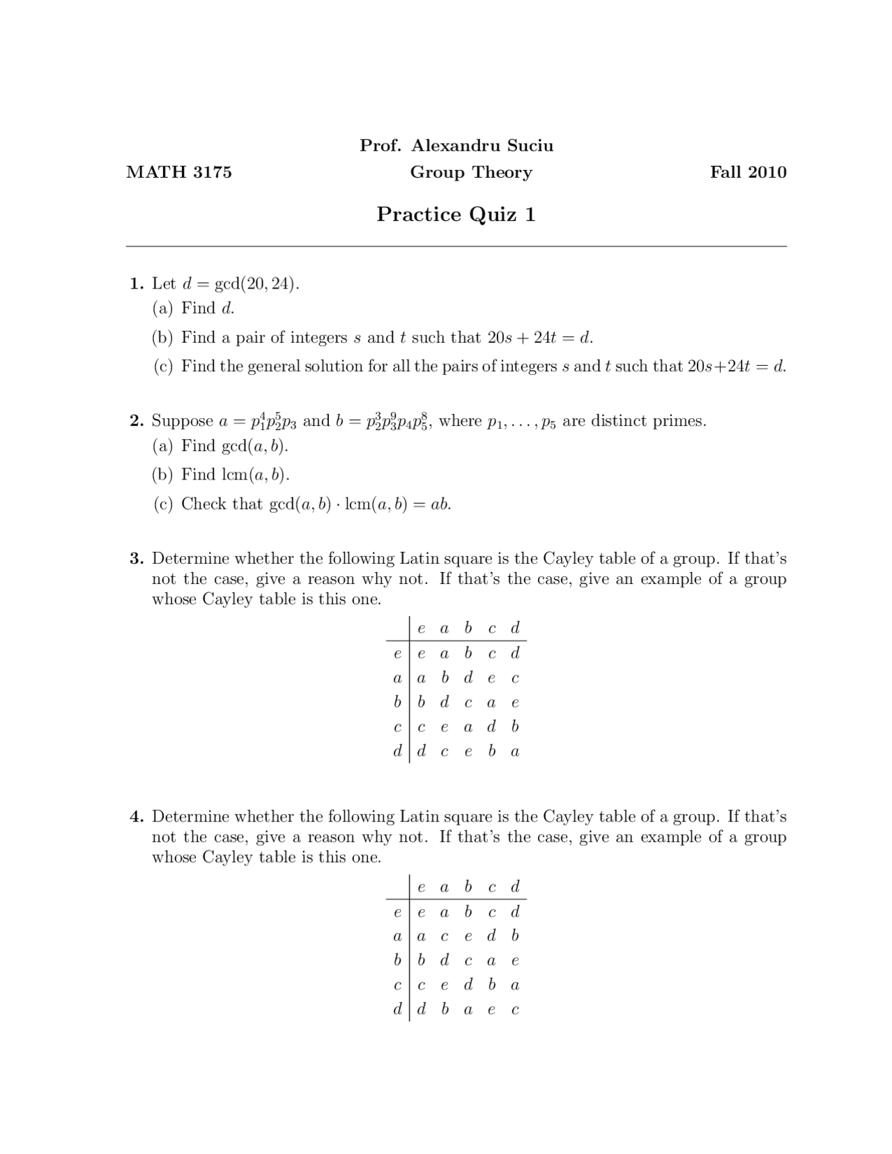 Practice Quiz 1 For Group Theory Math 3175 Docsity