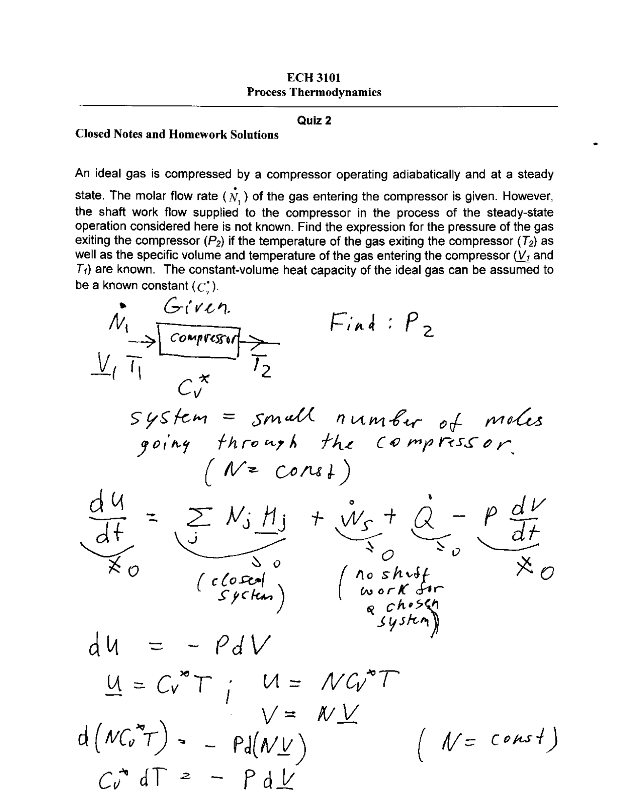 Quiz 2 With Solution Process Thermodynamic Ech 3101 Docsity
