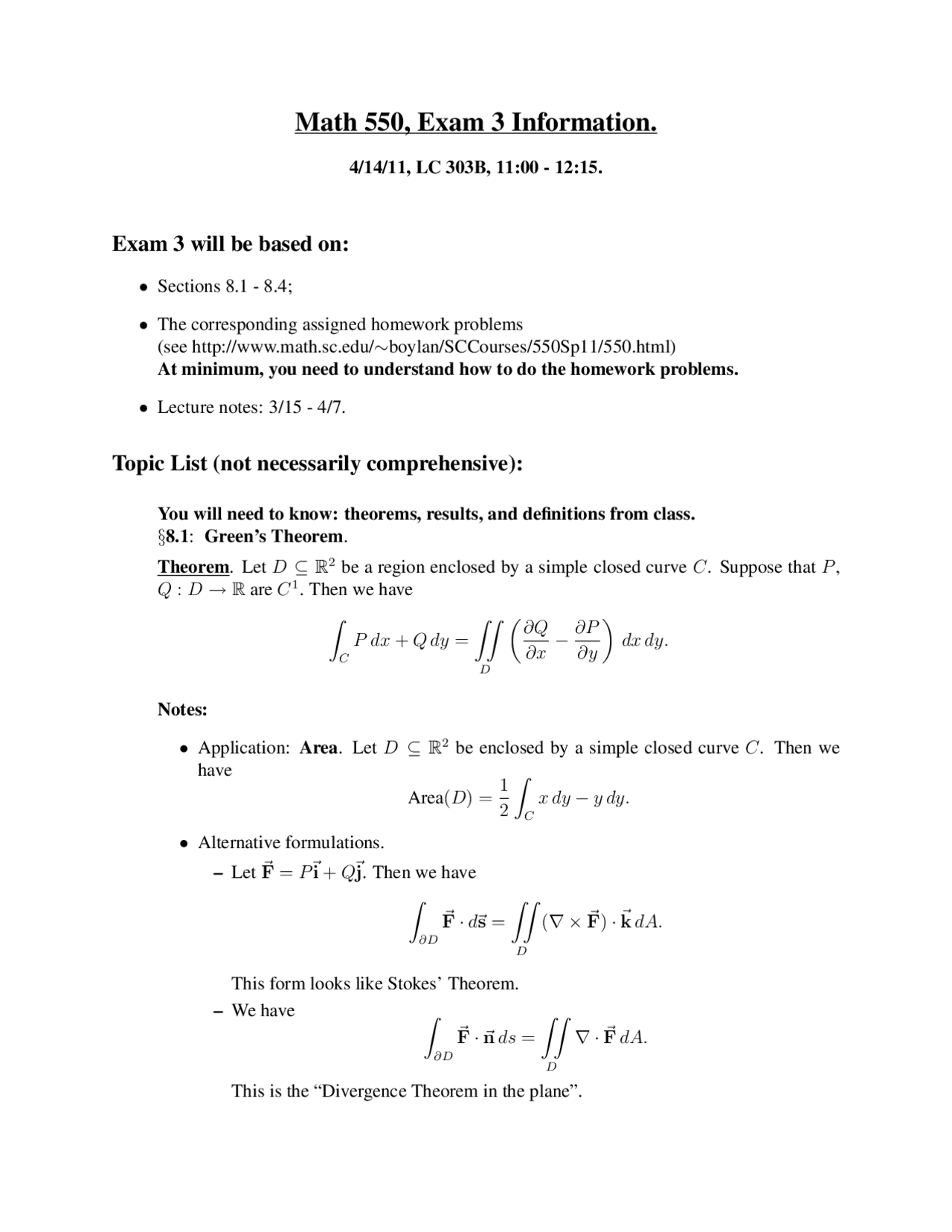 Exam 3 Informations Vector Analysis Math 550 Docsity