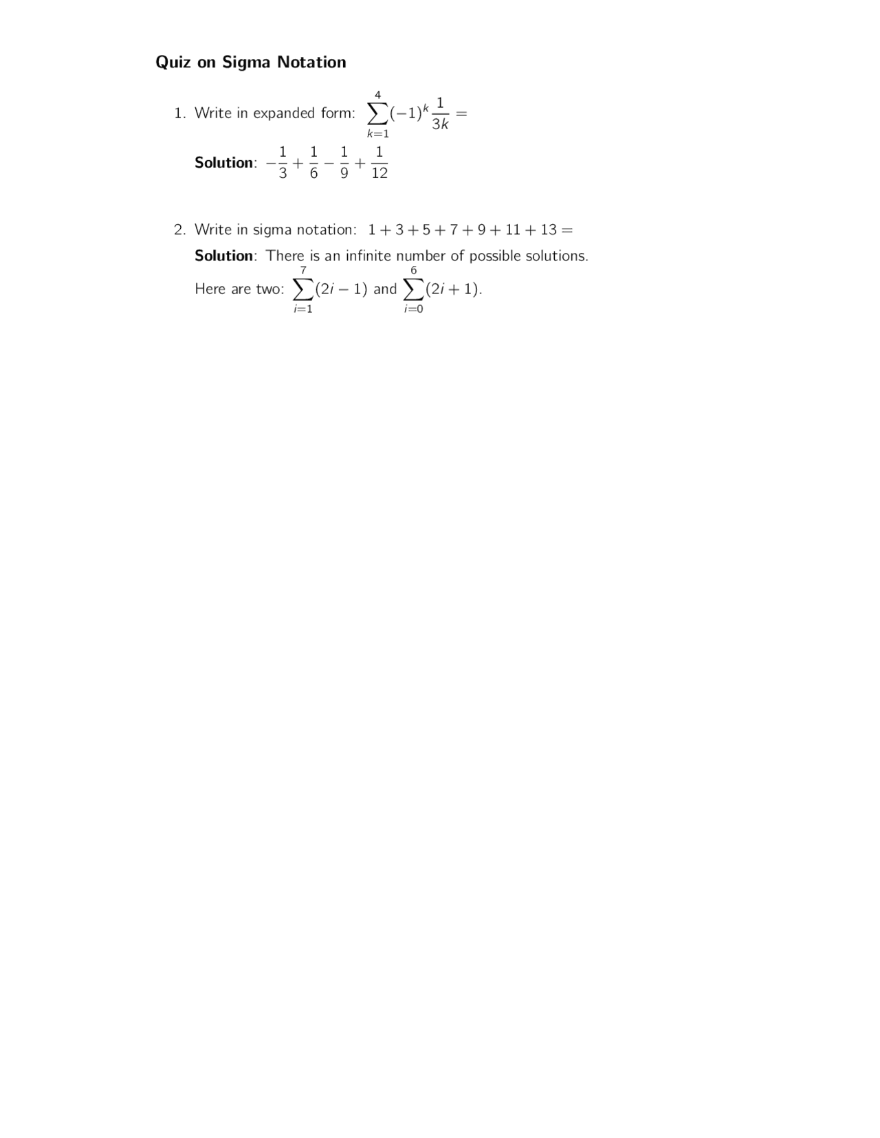 Quiz Ii With Answers Sigma Notation Appm 1345 Docsity
