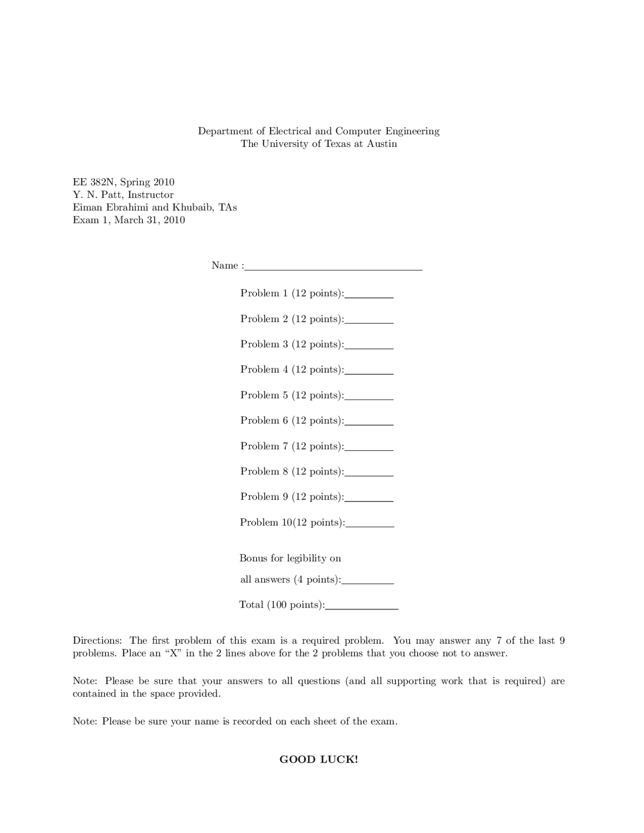 Exam 1 With Problems Advanced Embedded Microcontroller E E 382n