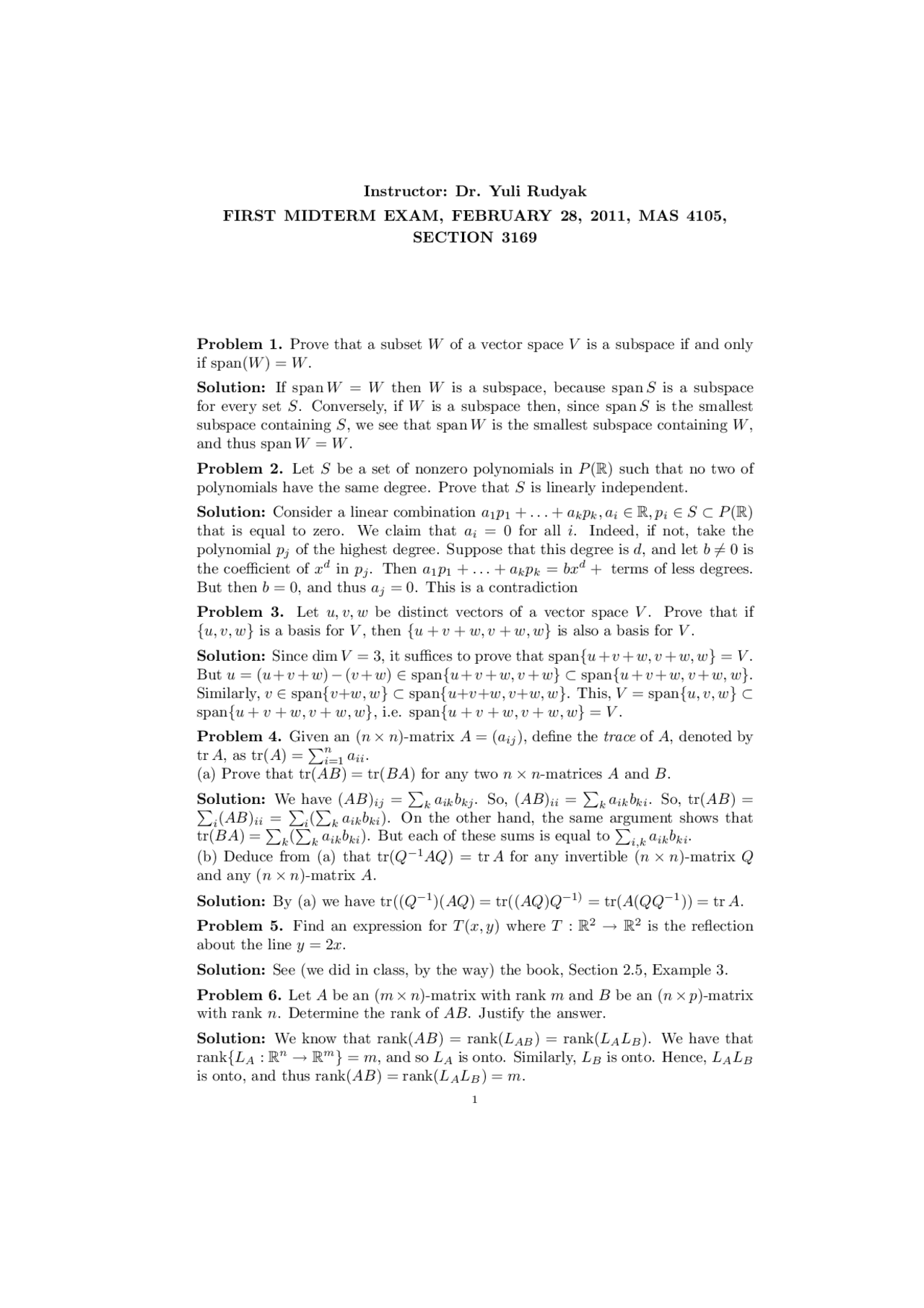 Midterm Exam With Solutions Linear Algebra I Mas 4105 Docsity