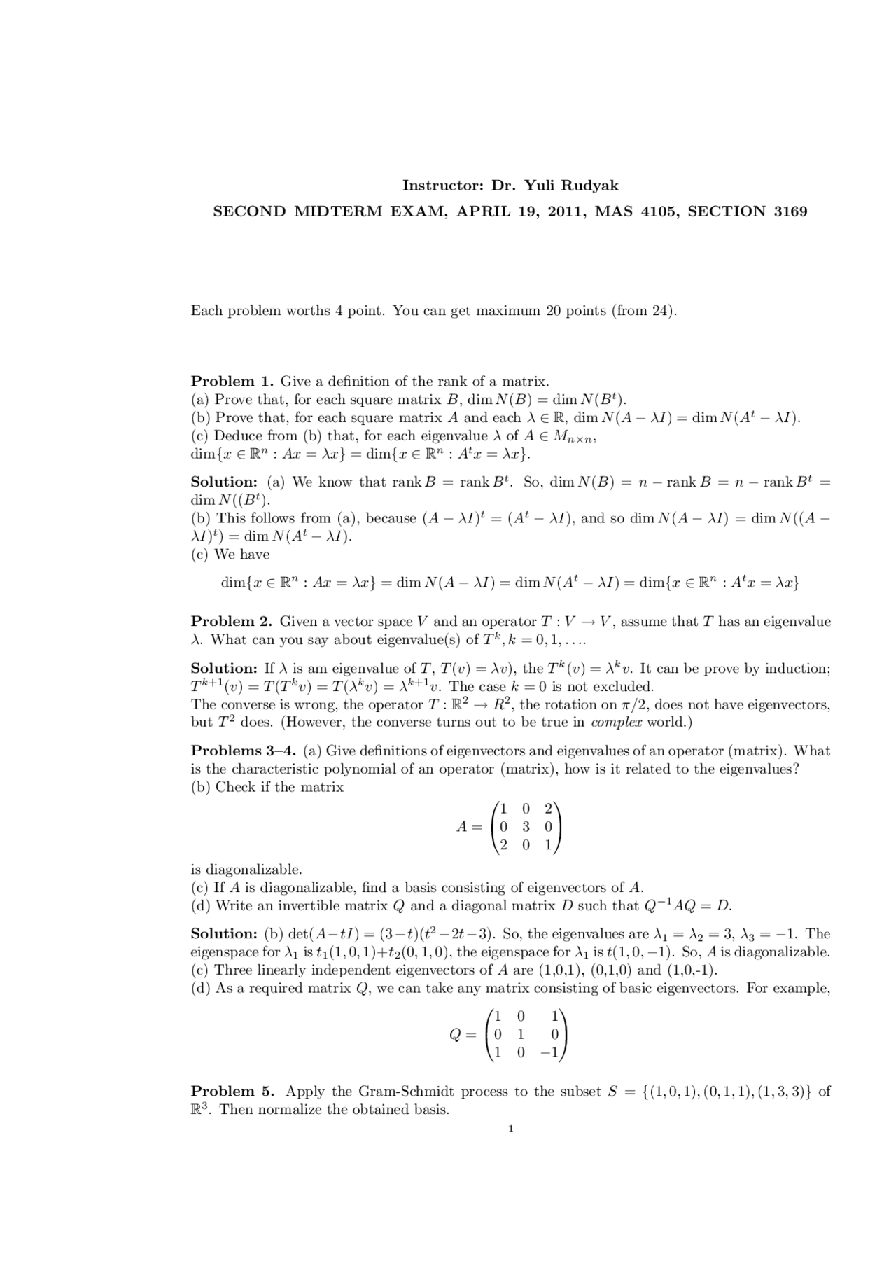 Midterm Exam 2 for Linear Algebra I | MAS 4105 - Docsity