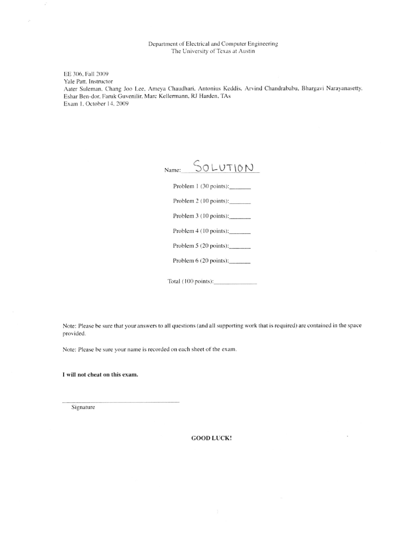 Exam With Solution Key Introduction To Computing E E 306 Docsity