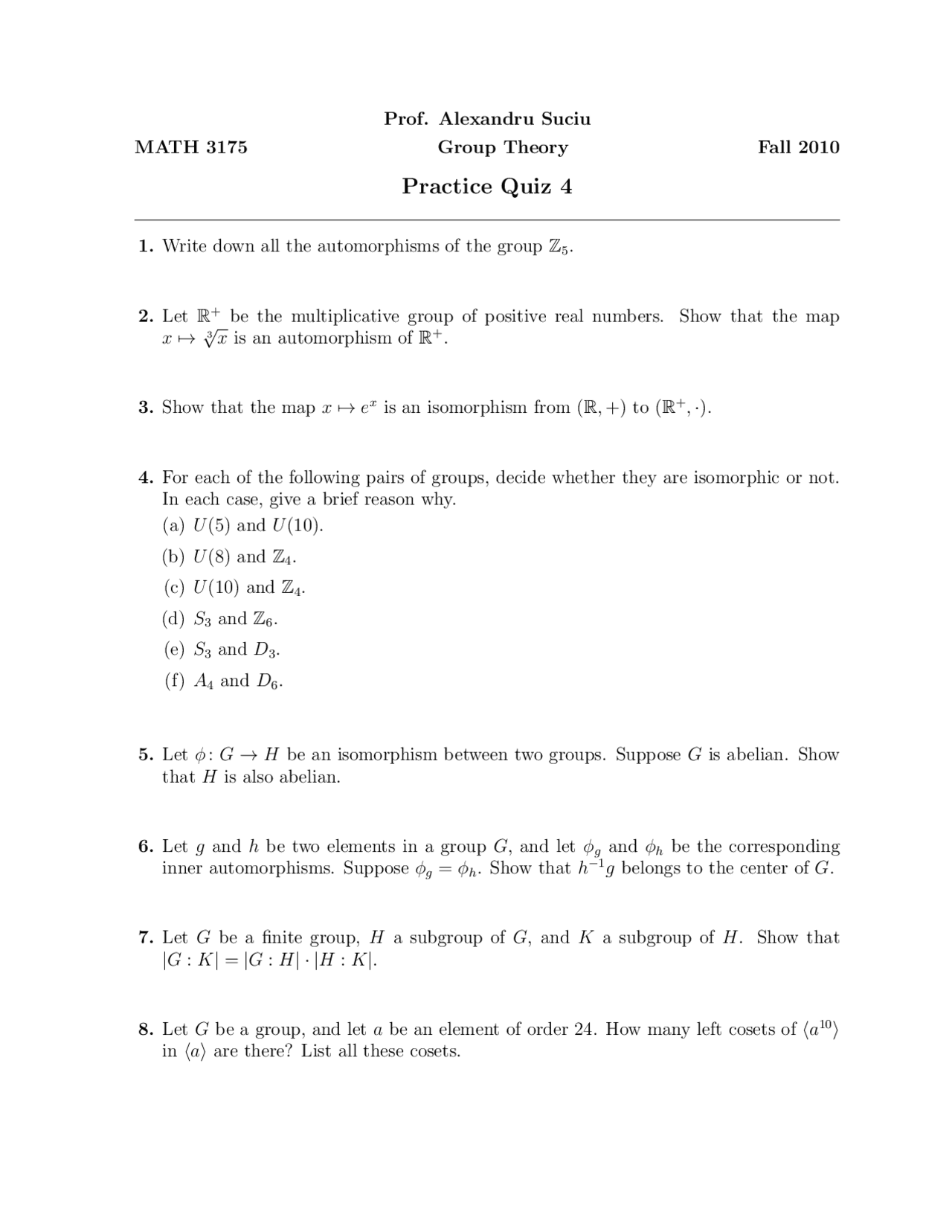 Solutions To Practice Quiz 4 Group Theory Math 3175 Docsity