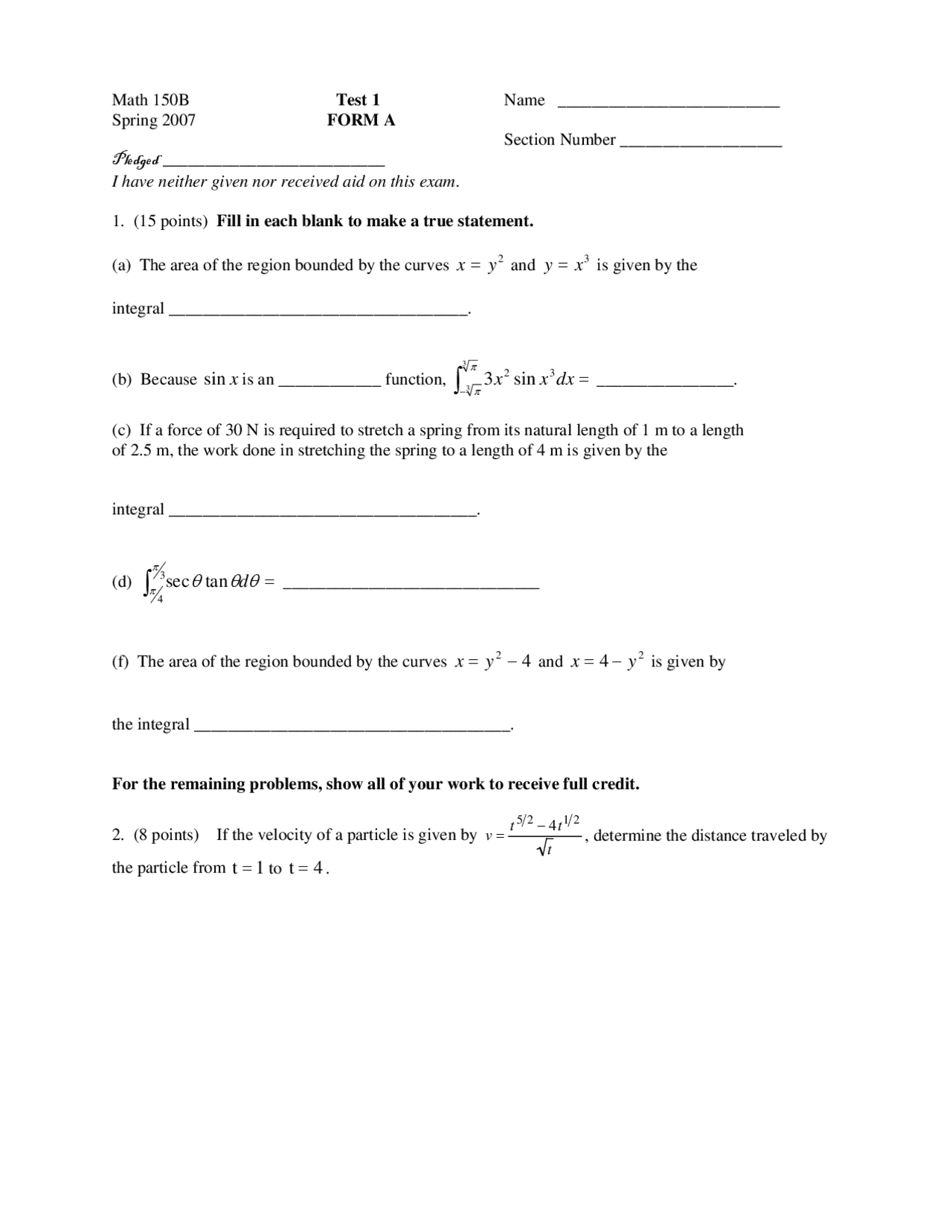 Test 1 Form A Unsolved Questions Introduction To Calculus I Docsity
