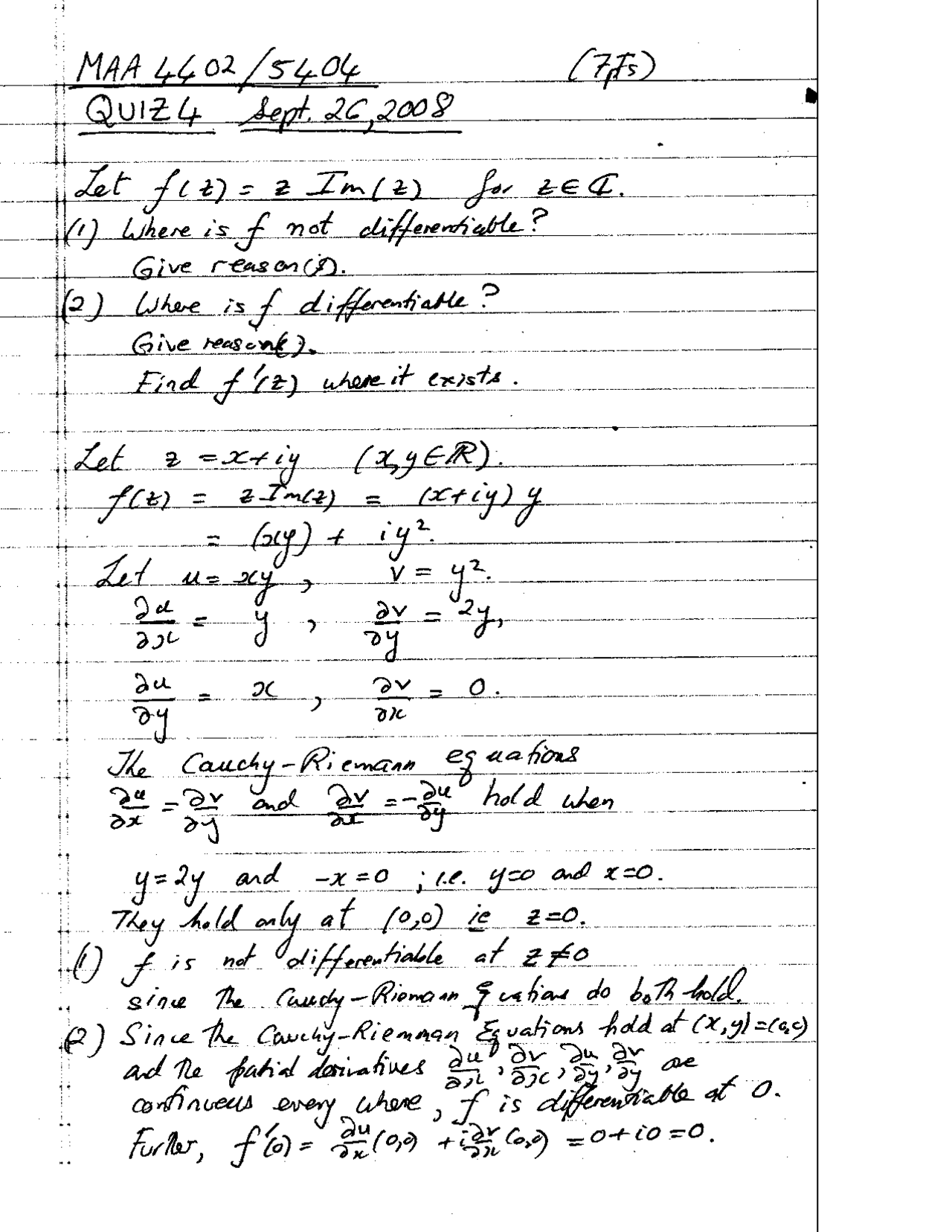 Quiz 4 With Solutions Functions Of A Complex Variable Maa 4402