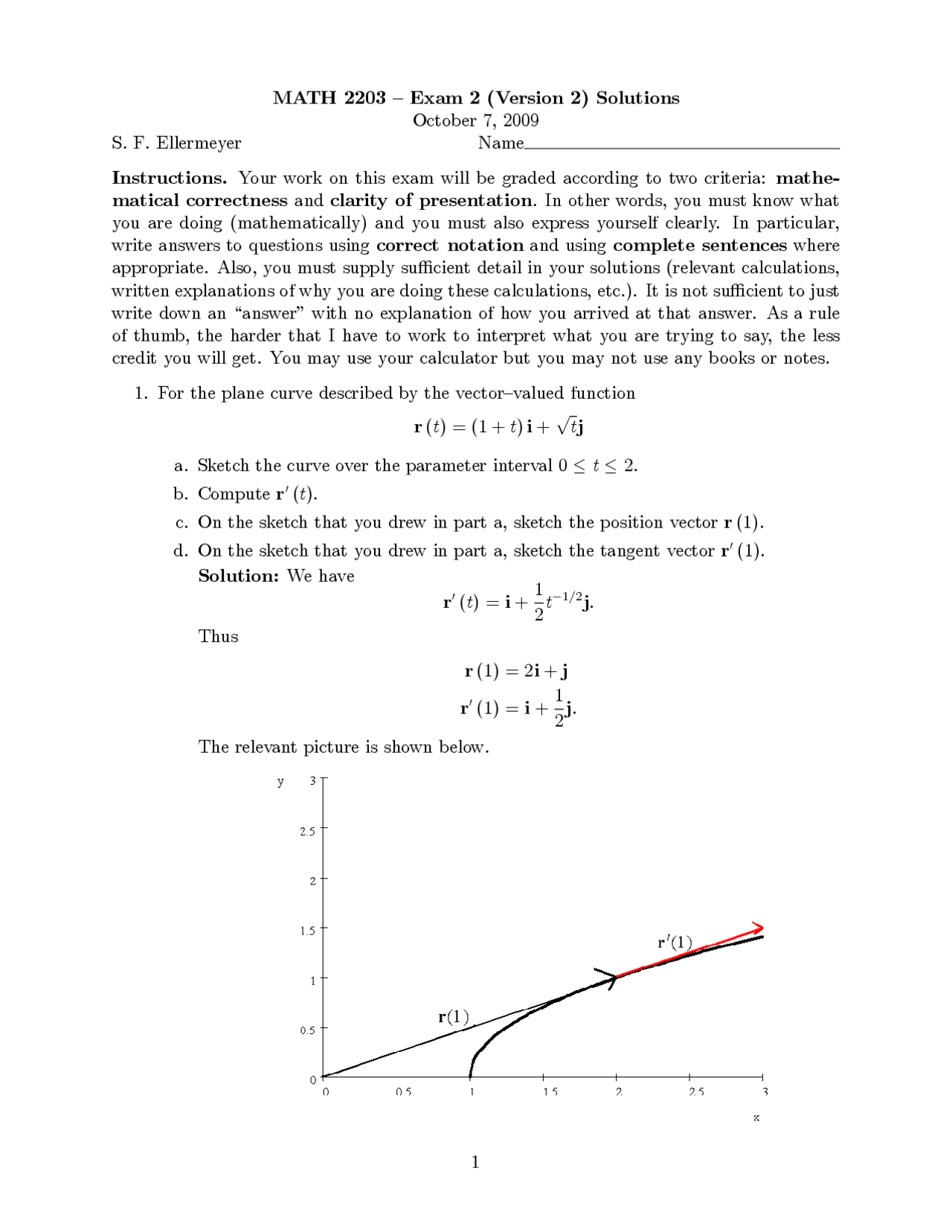 Solutions For Exam Two Calculus Iii Math 2203 Docsity