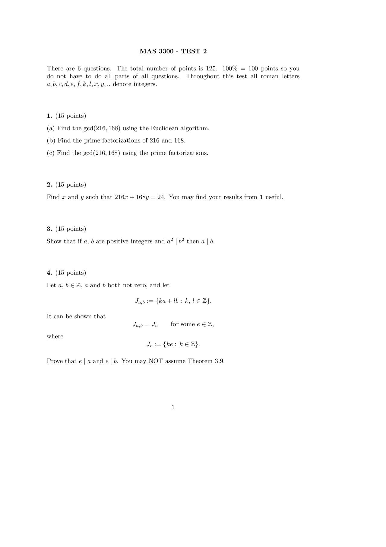 6 Problems for Test 2 - Numbers and Polynomials | MAS 3300 | Exams ...