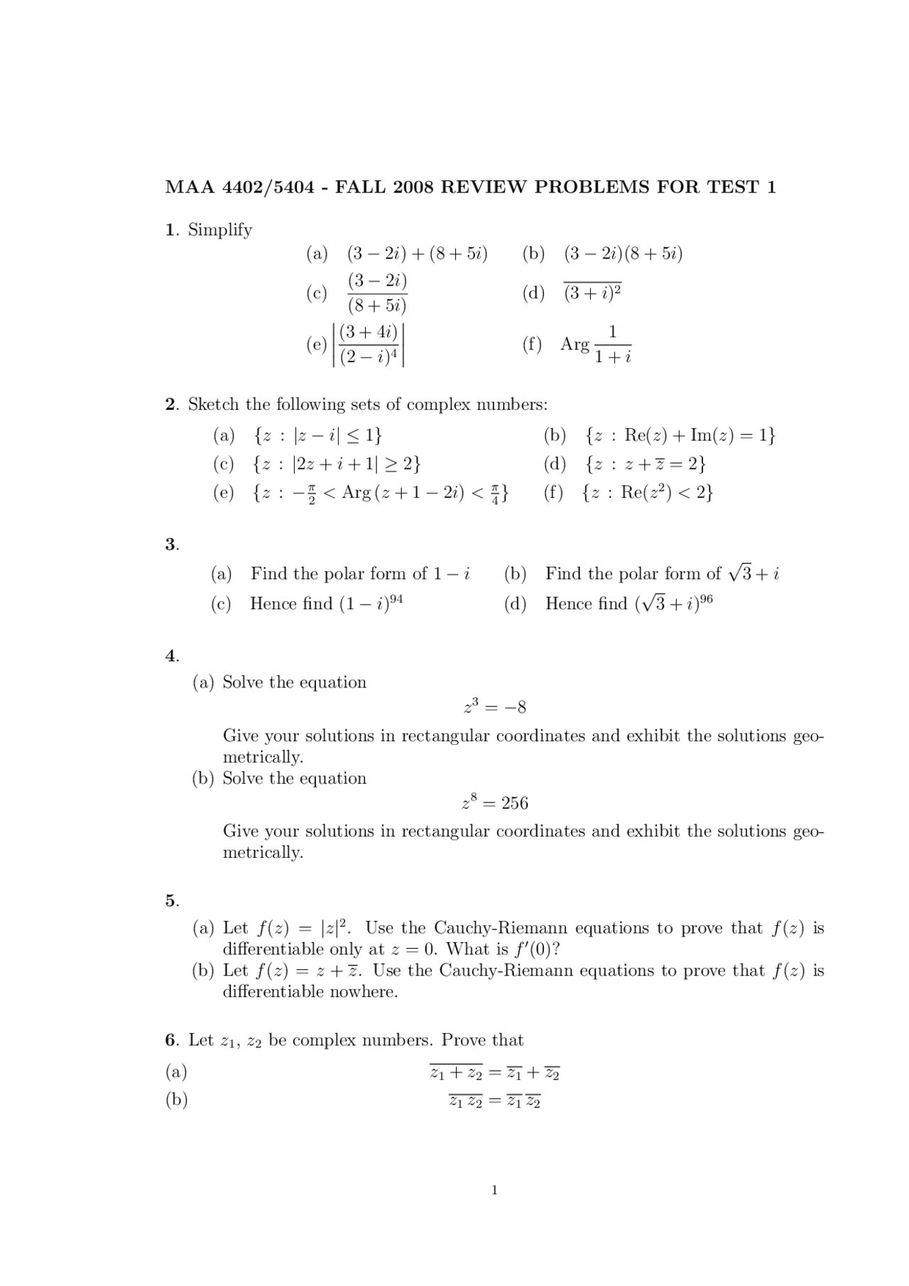 Review Problems For Test 1 Functions Complex Variables Maa 4402