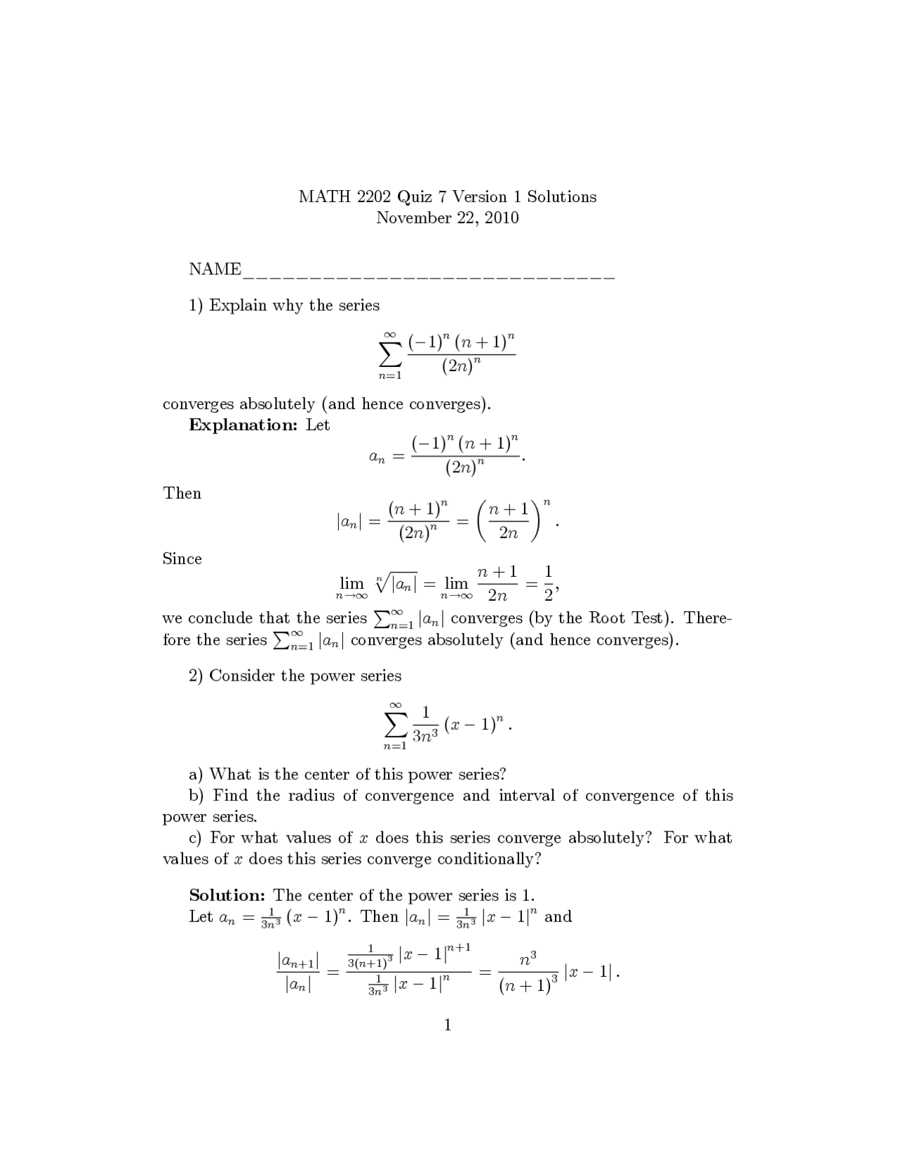 Solutions To Quiz 7 Version A Calculus Ii Math 2202 Docsity