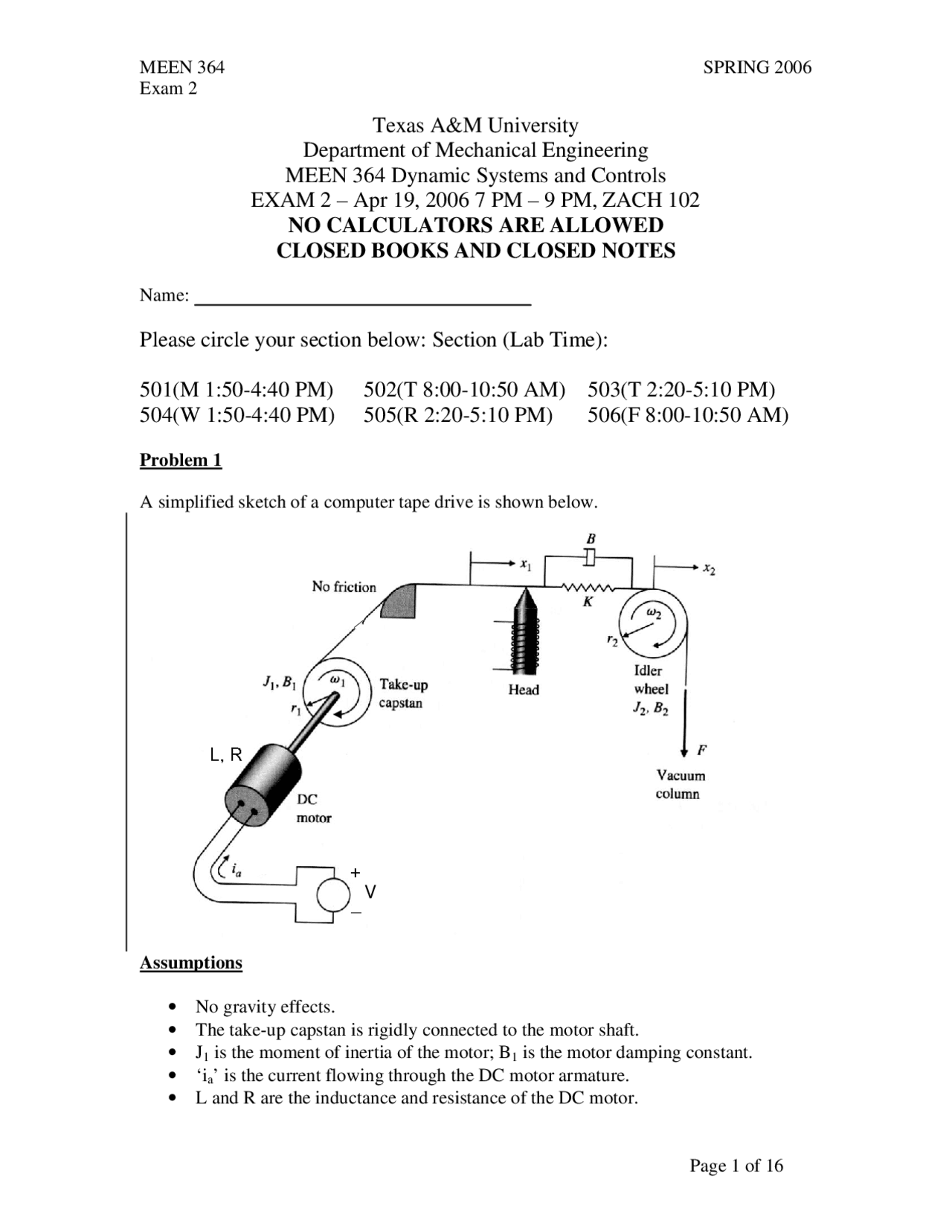 Examination 2 - Spring 2006 - Dynamic Systems and Control | MEEN 364 - Docsity