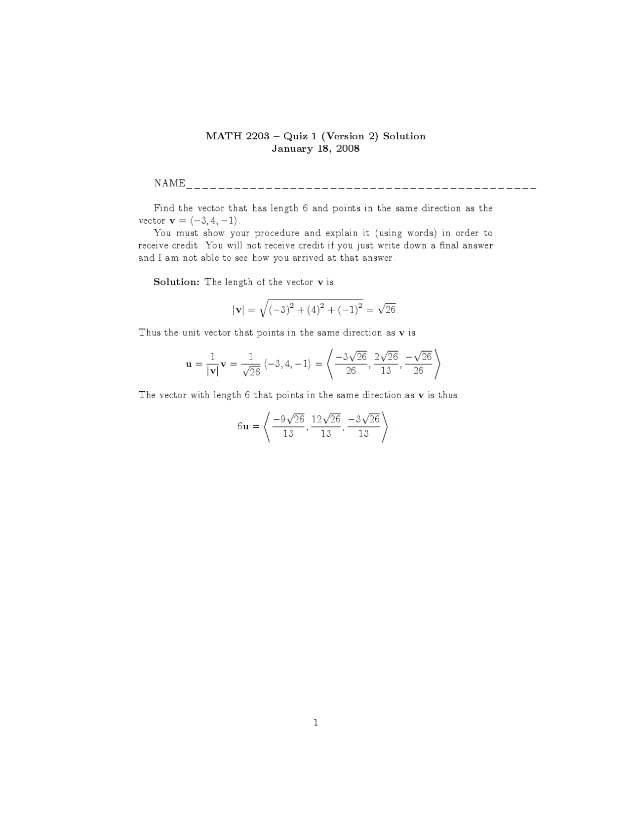 Solved Problem on the Length of Unit Vector - Quiz 1 | MATH 2203 - Docsity