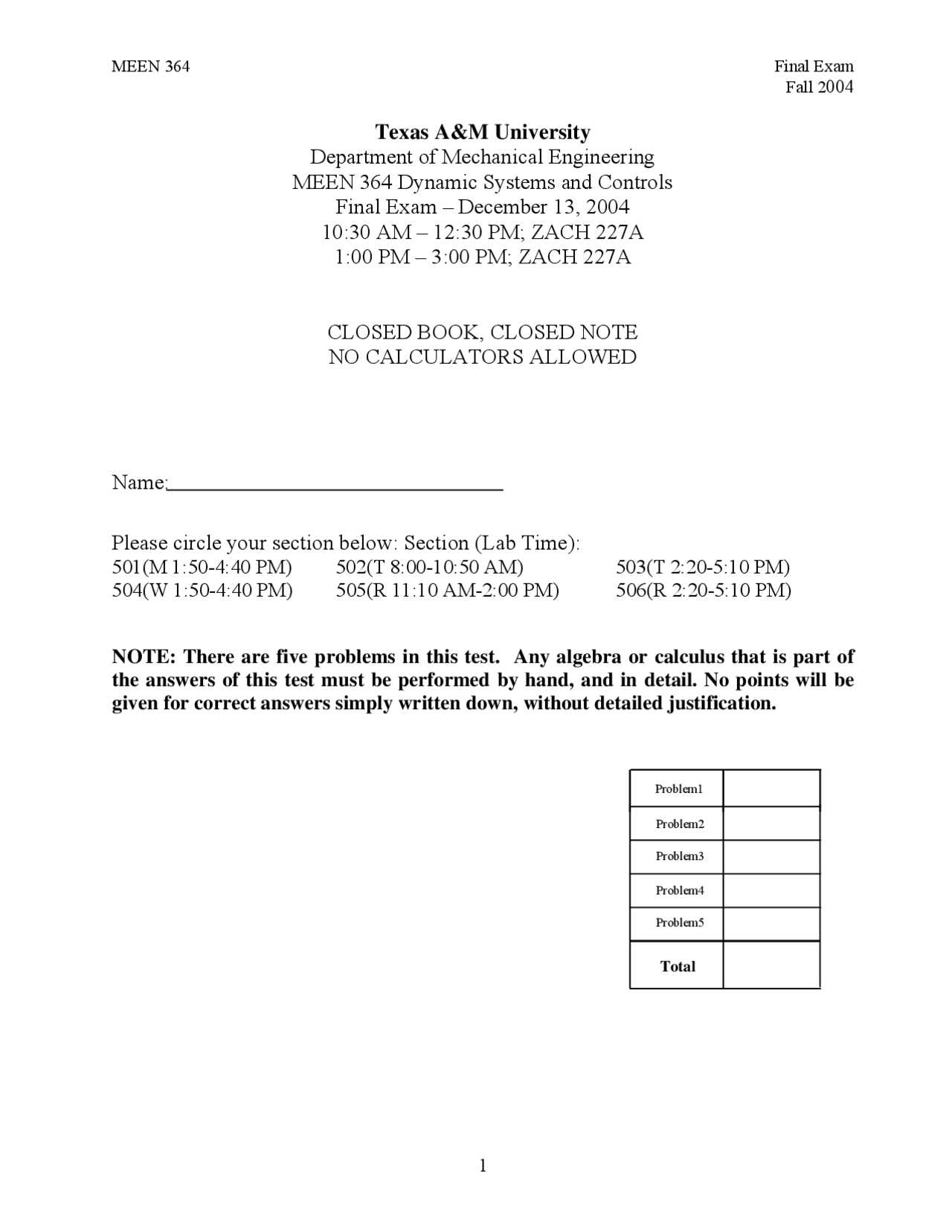 Final Exam For Dynamics System And Control Meen 364 Docsity