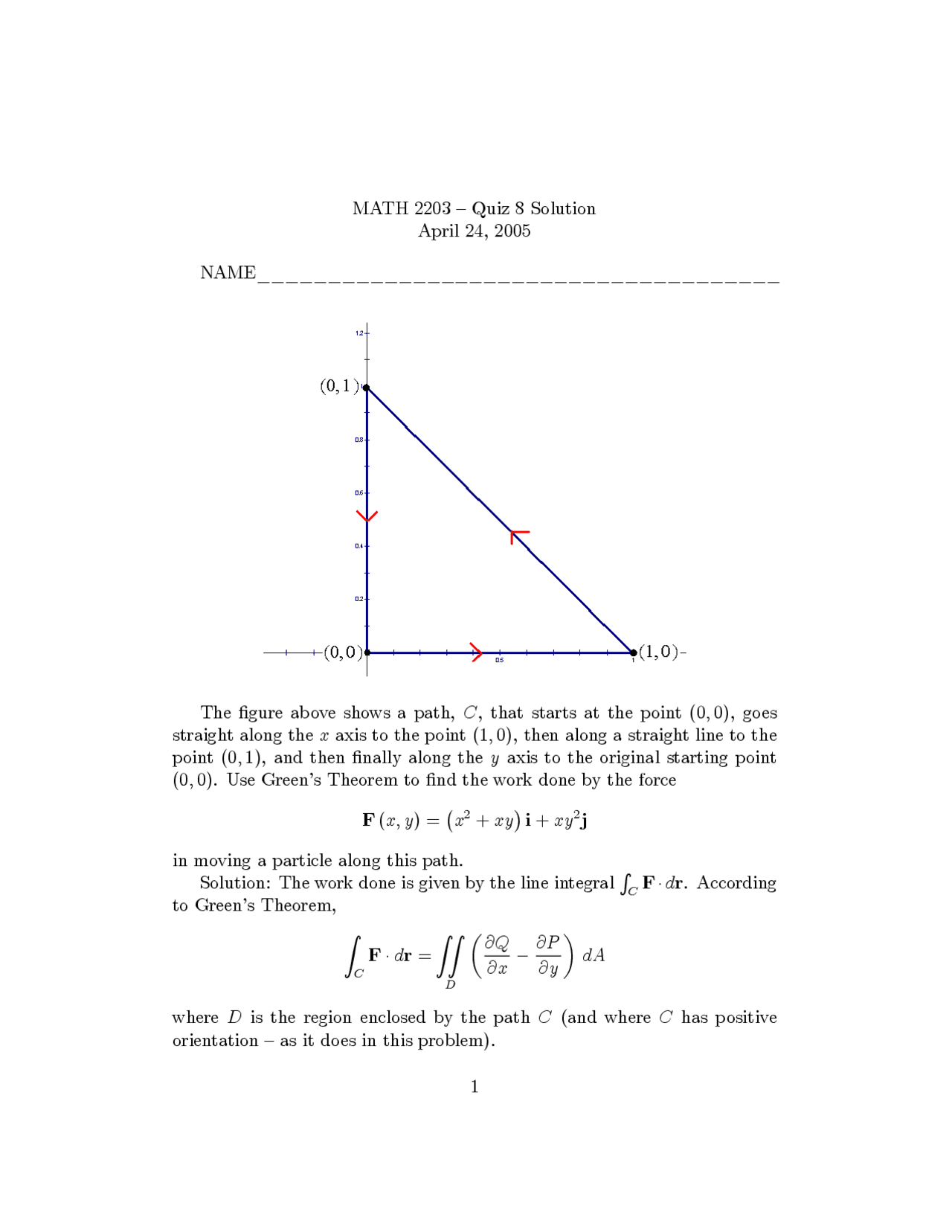 Practice Quiz 8 with Solutions - Calculus III - Fall 2005 | MATH 2203 - Docsity