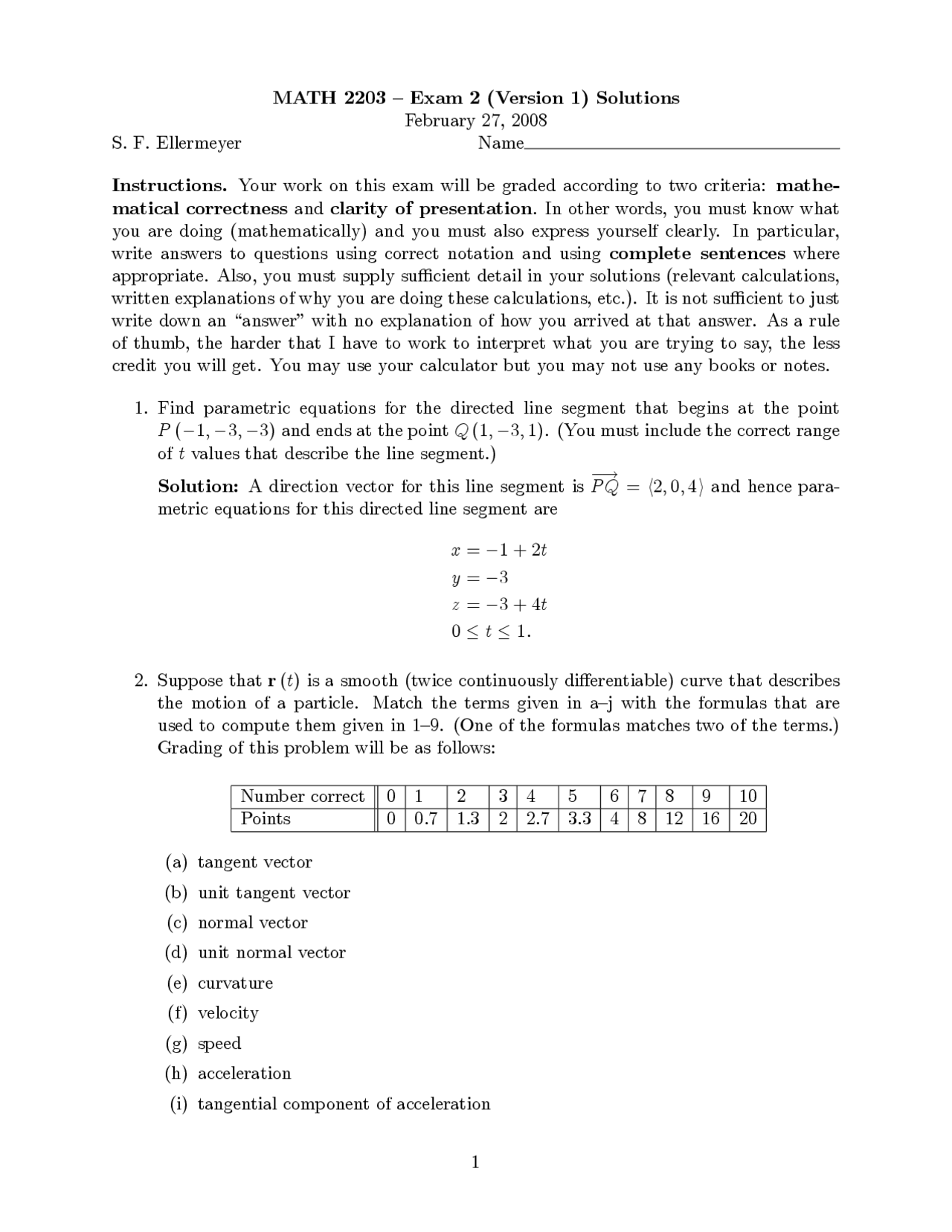 Test 2 Version 1 With Solutions Calculus Iii Math 2203 Docsity