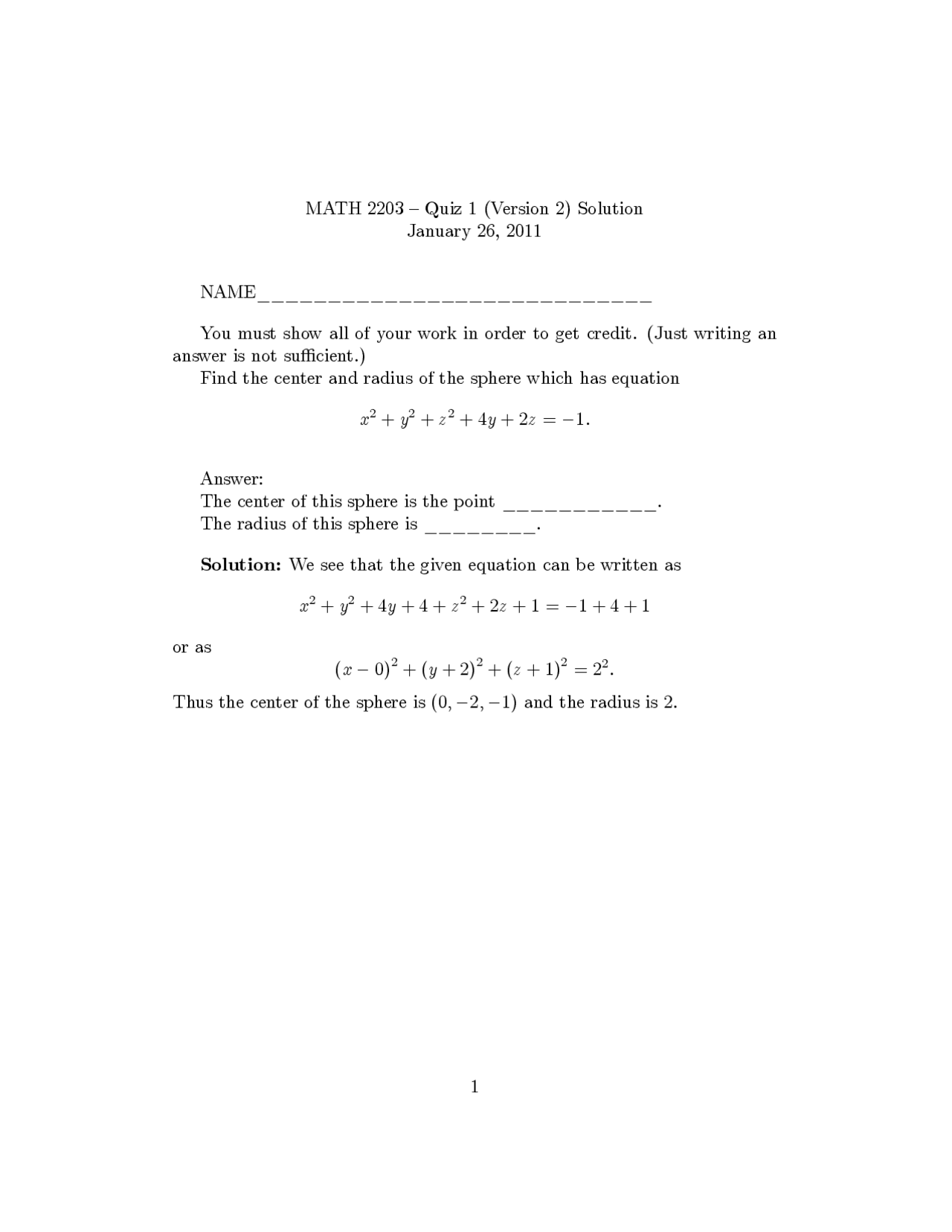 Solved Problems to Find the Radius and Circle of Spheres - Quiz 1 | MATH 2203 | Quizzes Cálculo ...