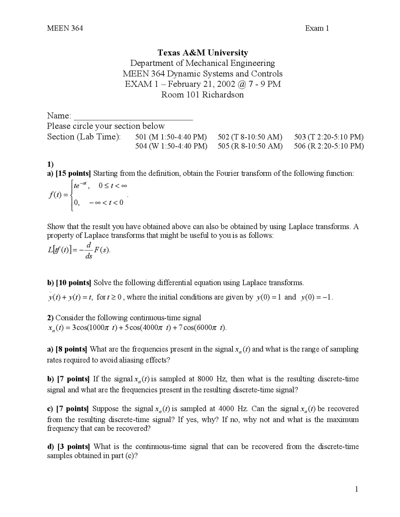 Exam 1 Dynamic Systems And Control 2002 Meen 364 Docsity