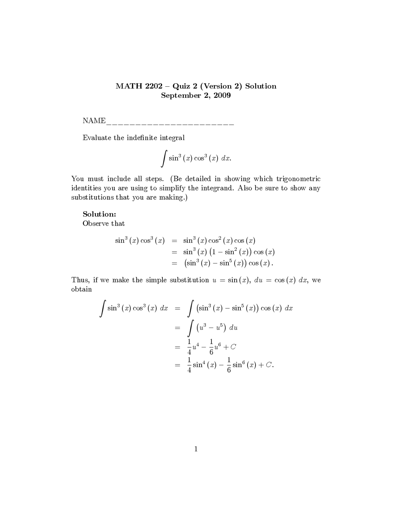 Solved Problem In Quiz 2 On The Simple Substitution Math 2202 Docsity