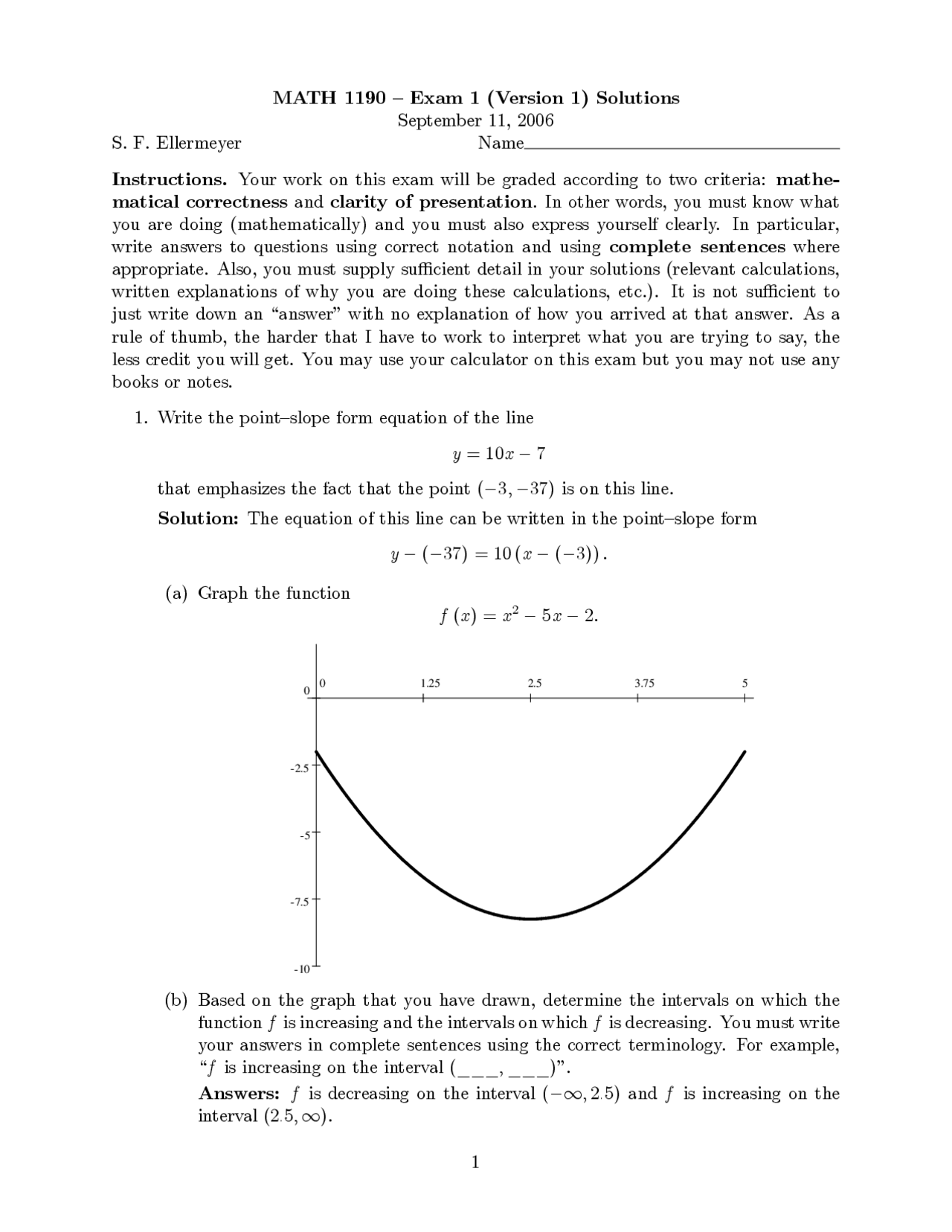 Solution To Exam 1 Calculus I Honors Math 1190 Docsity