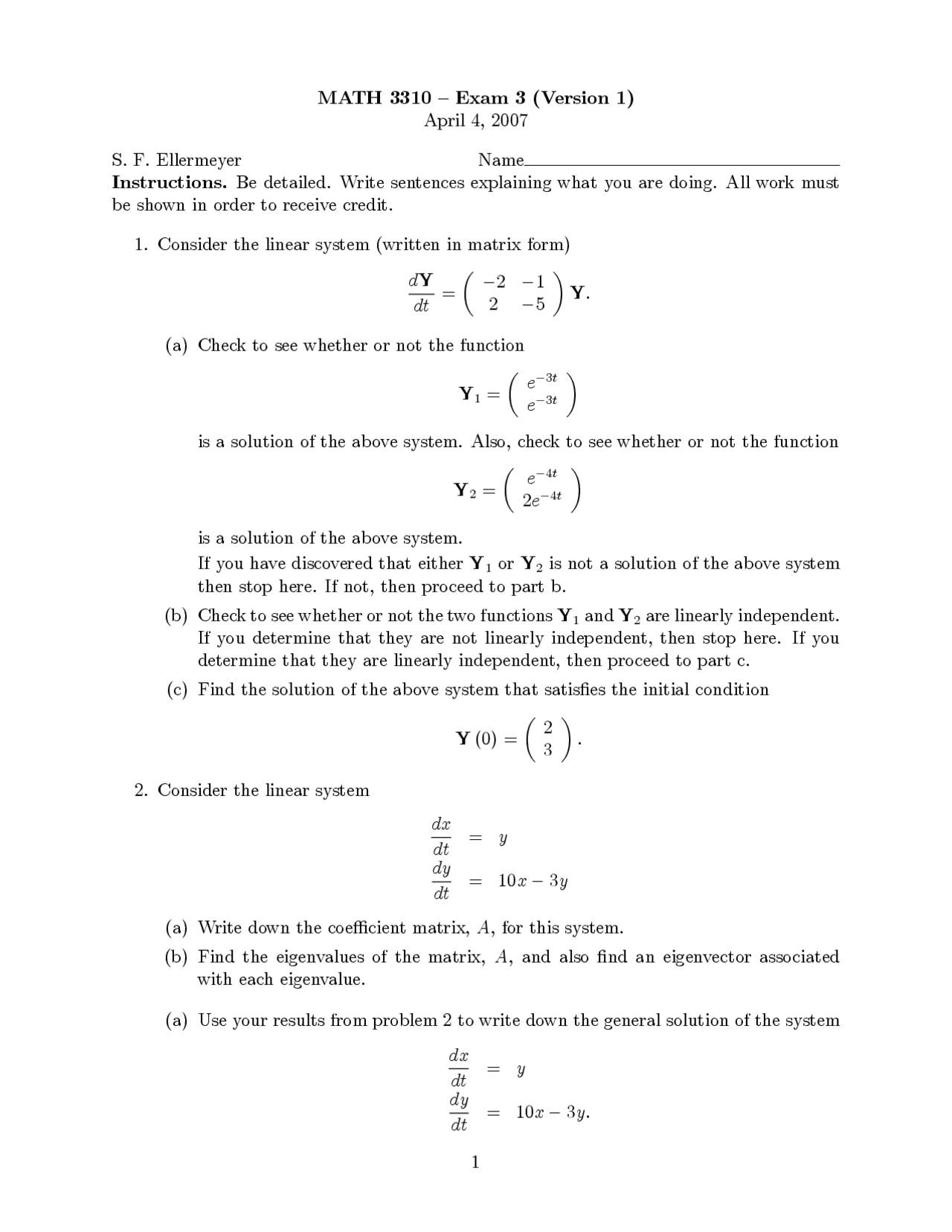 Differential Equations - Exam #3 Questions | MATH 3310 - Docsity