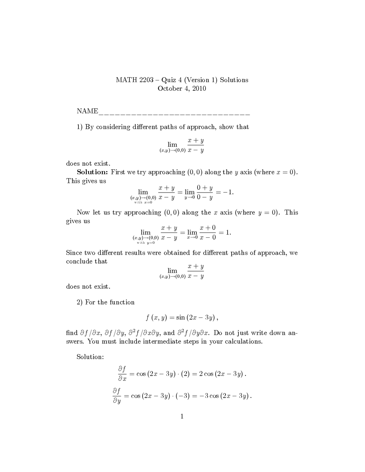 Quiz 4 Version A with Solutions - Calculus III | MATH 2203 | Quizzes Advanced Calculus | Docsity