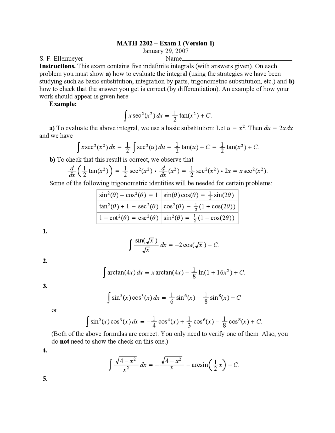 Exam 1, Version 1 for Calculus II | MATH 2202 - Docsity