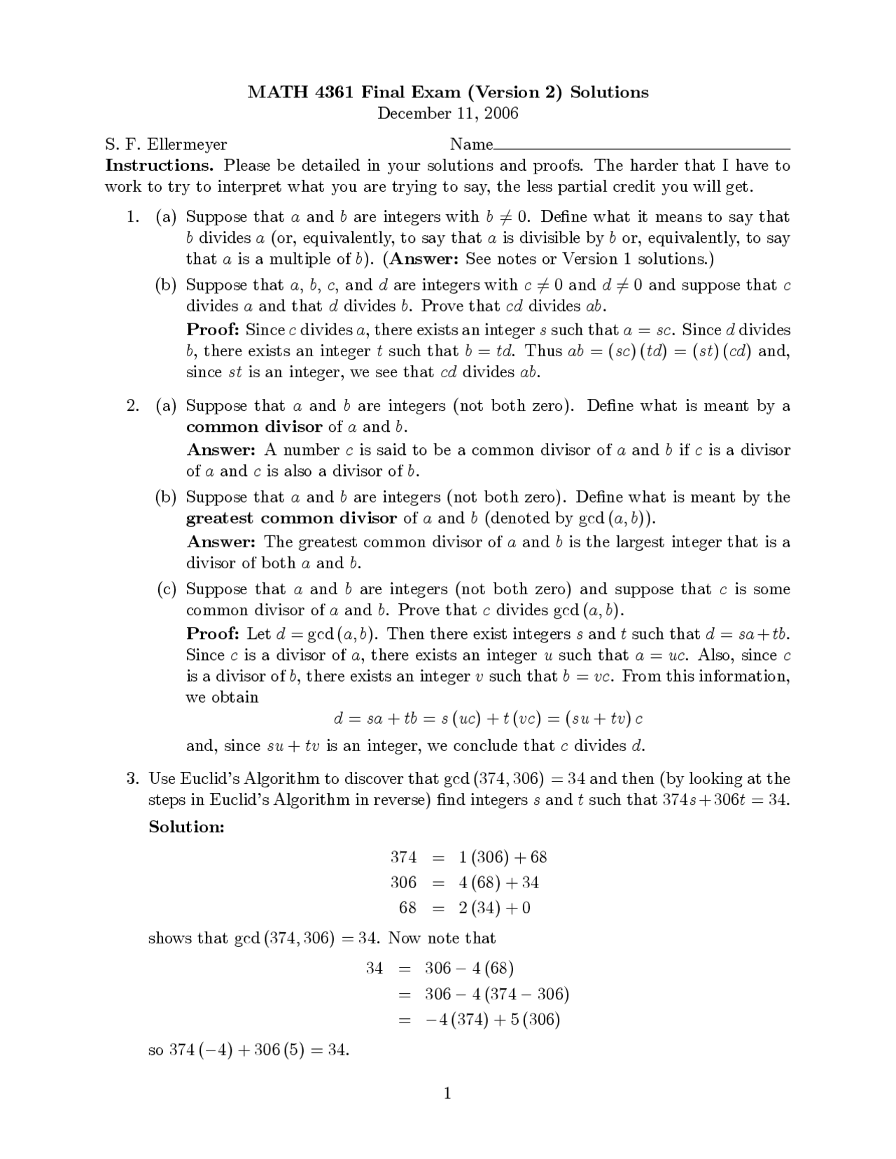 Final Examination With Solutions Modern Algebra I Math 4361 Docsity