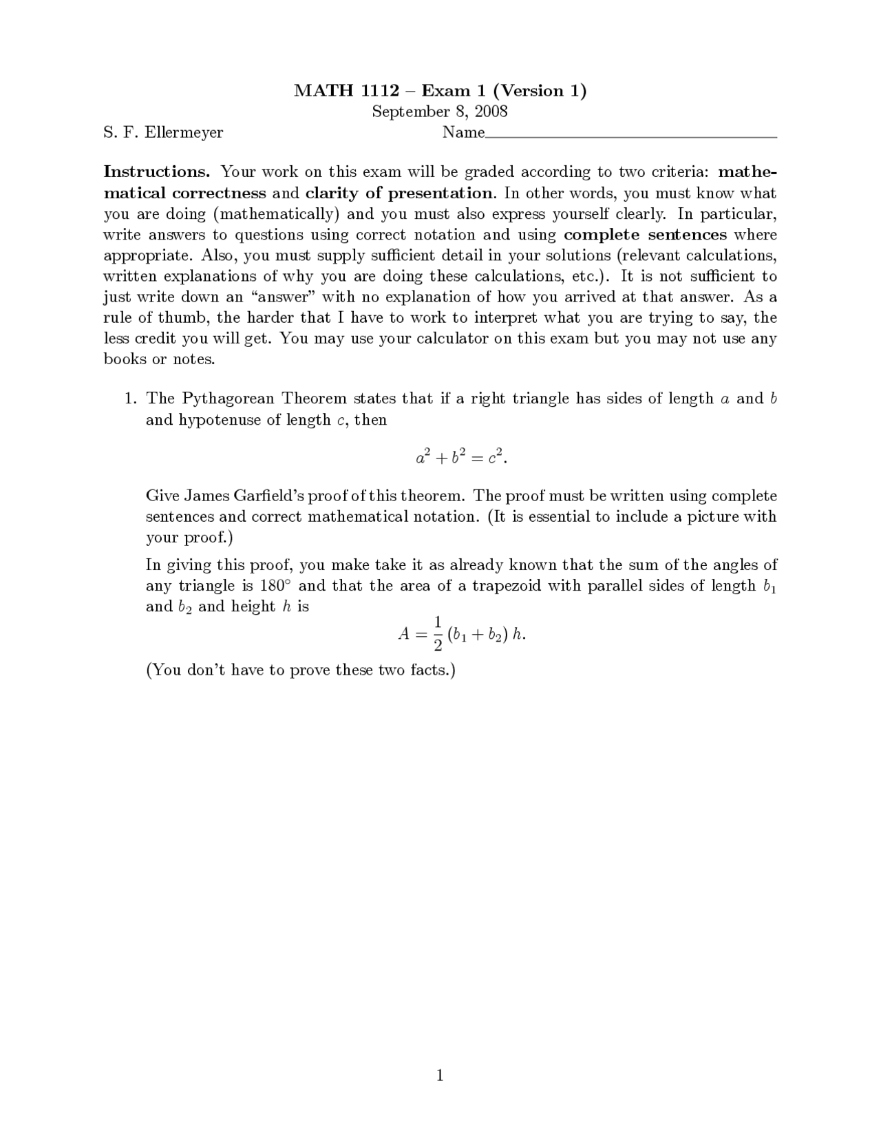 Pythagorean Theorem, Notes for Exam 1 - College Trigonometry | MATH ...