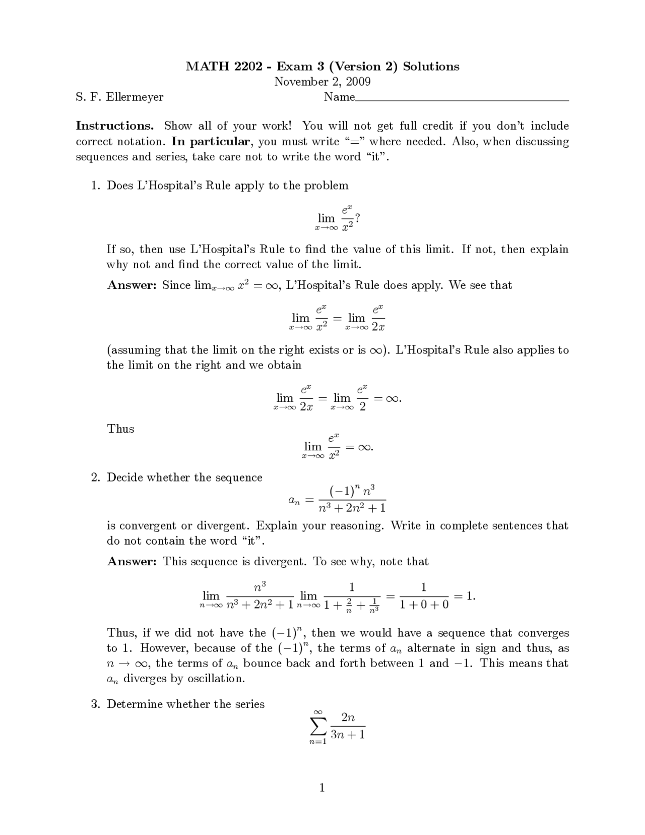 Examination 3 Solutions Calculus Ii Fall 2009 Math 2202 Docsity