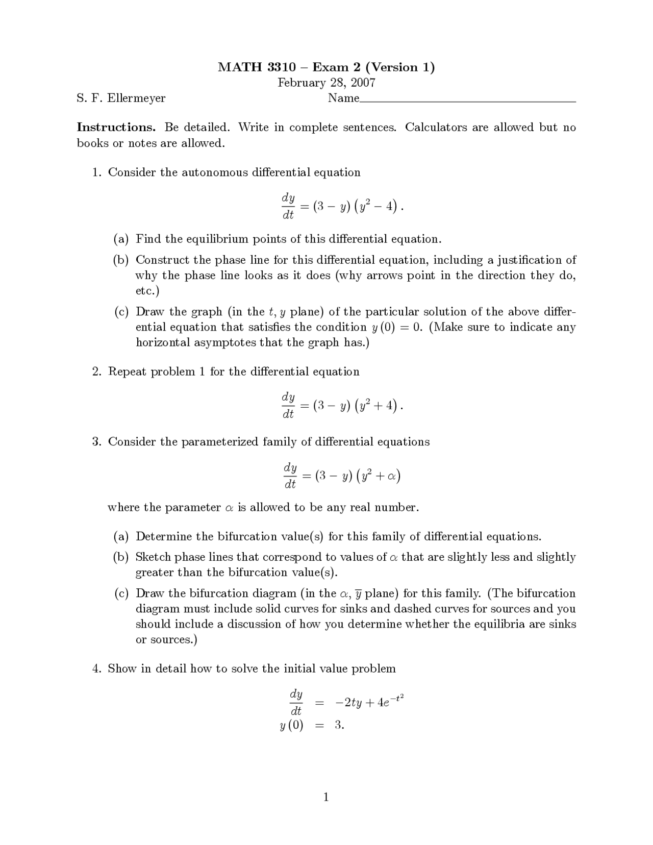 6 Questions For Exam 2 Differential Equations Math 3310 Docsity