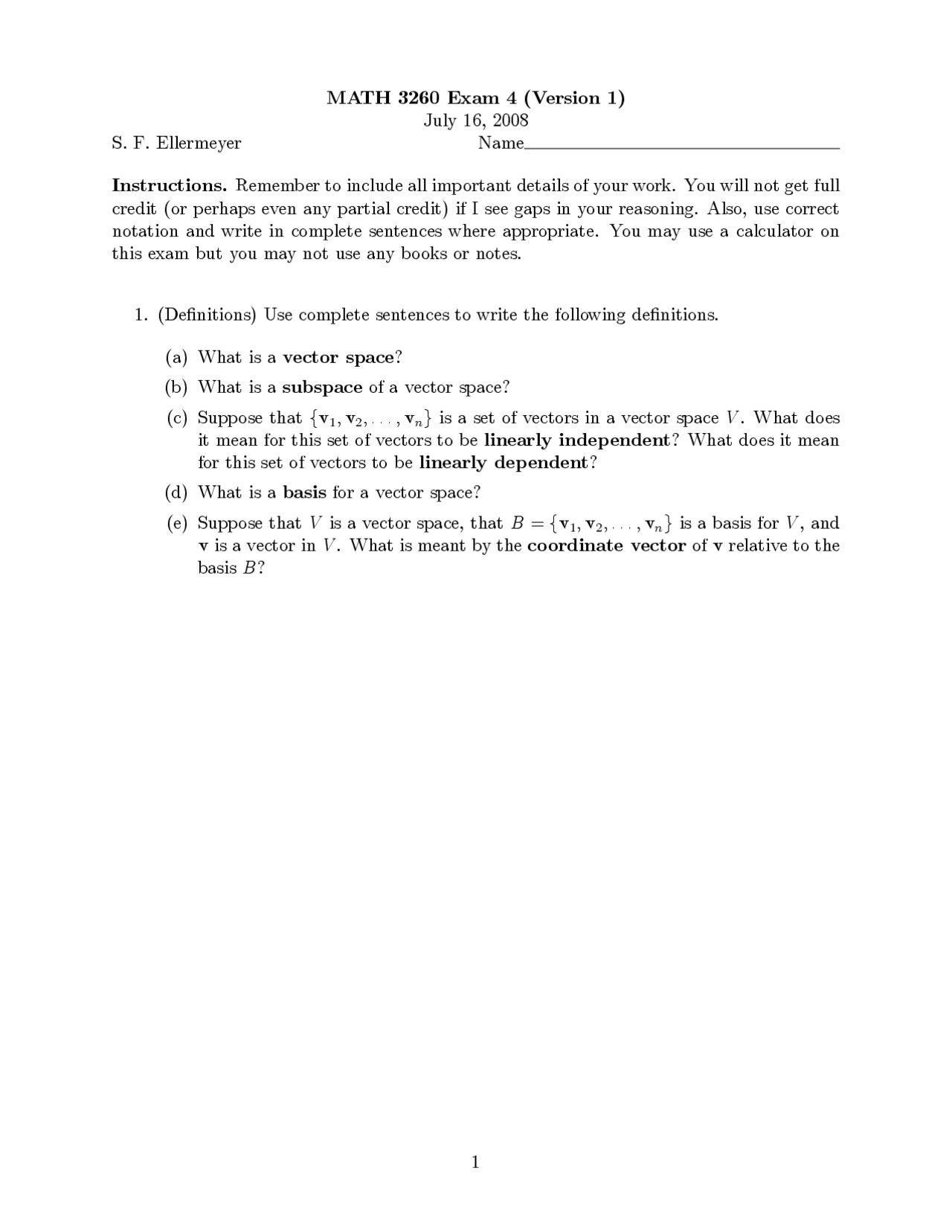 Exam 4 Version 1 For Linear Algebra I Math 3260 Docsity