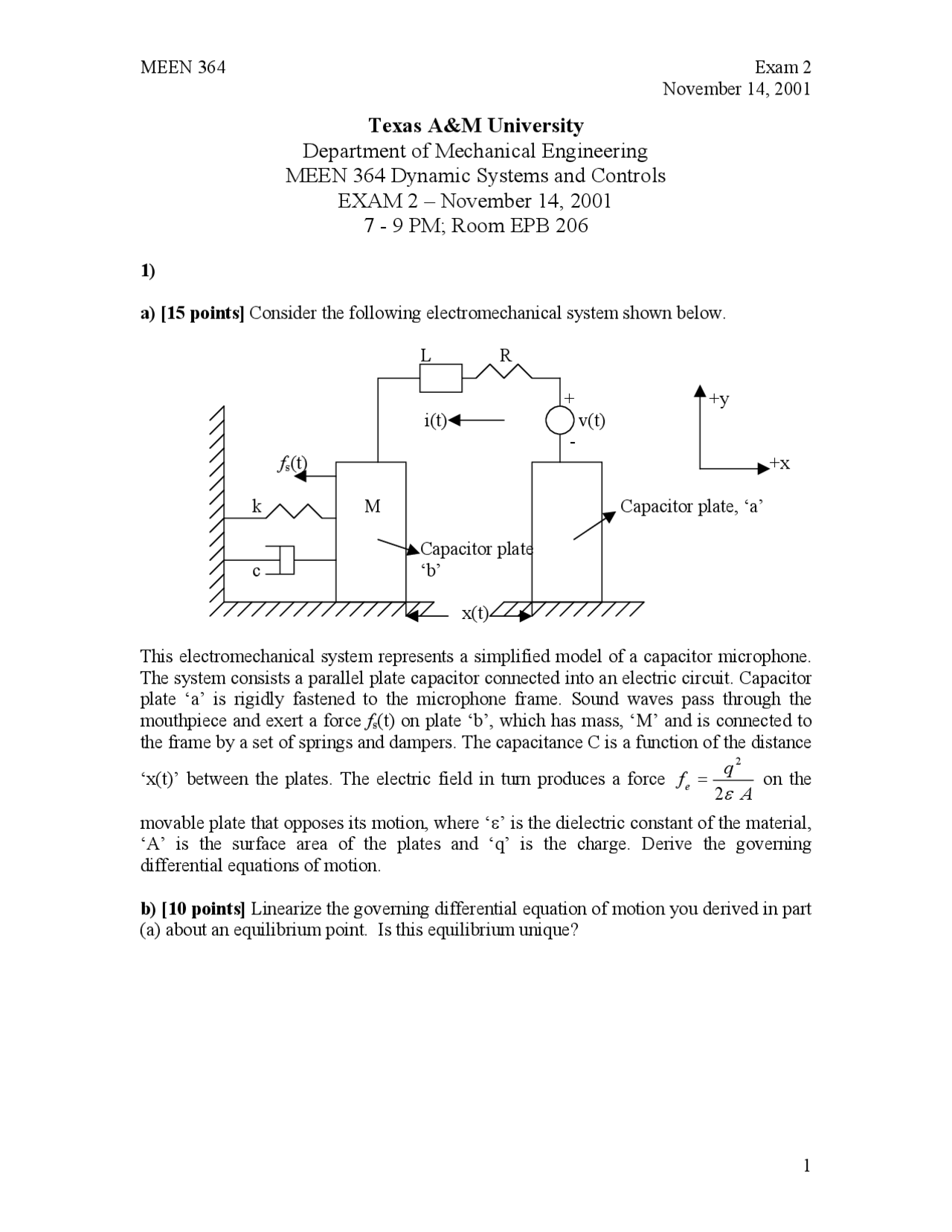 Exam 2 Electromechanical System - Dynamic System and Control | MEEN 364 - Docsity