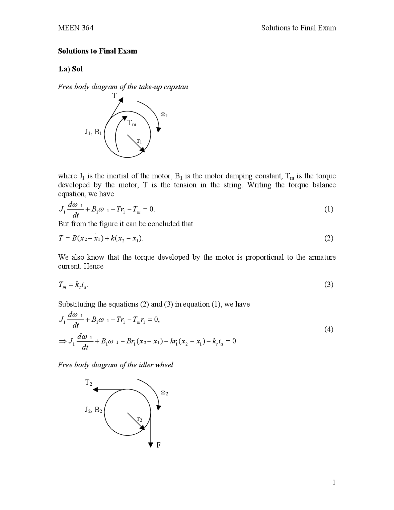 Solutions for Final Exam | Dynamic Systems and Controls | MEEN 364 - Docsity