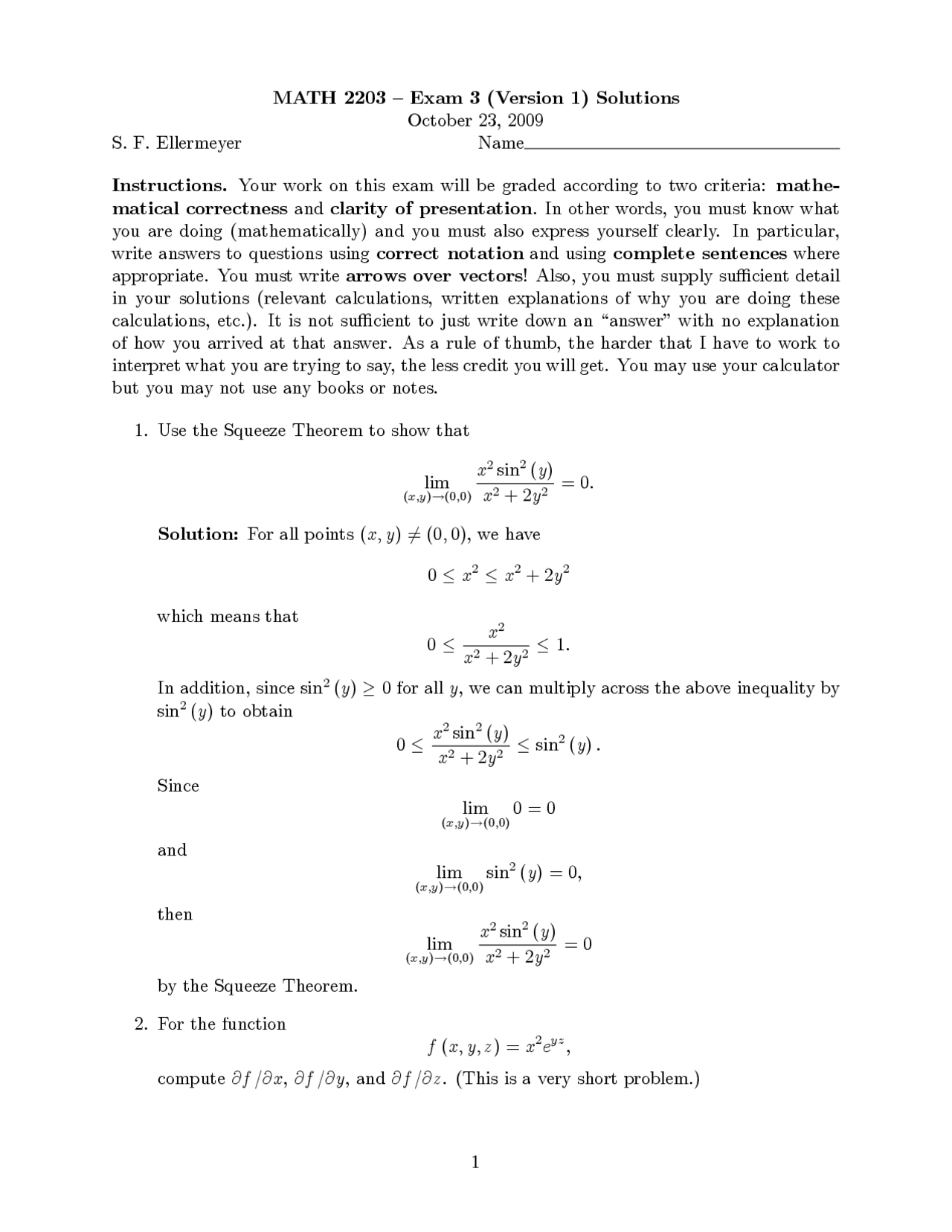 6 Solved Questions on Squeeze Theorem - Exam 3 | MATH 2203 - Docsity