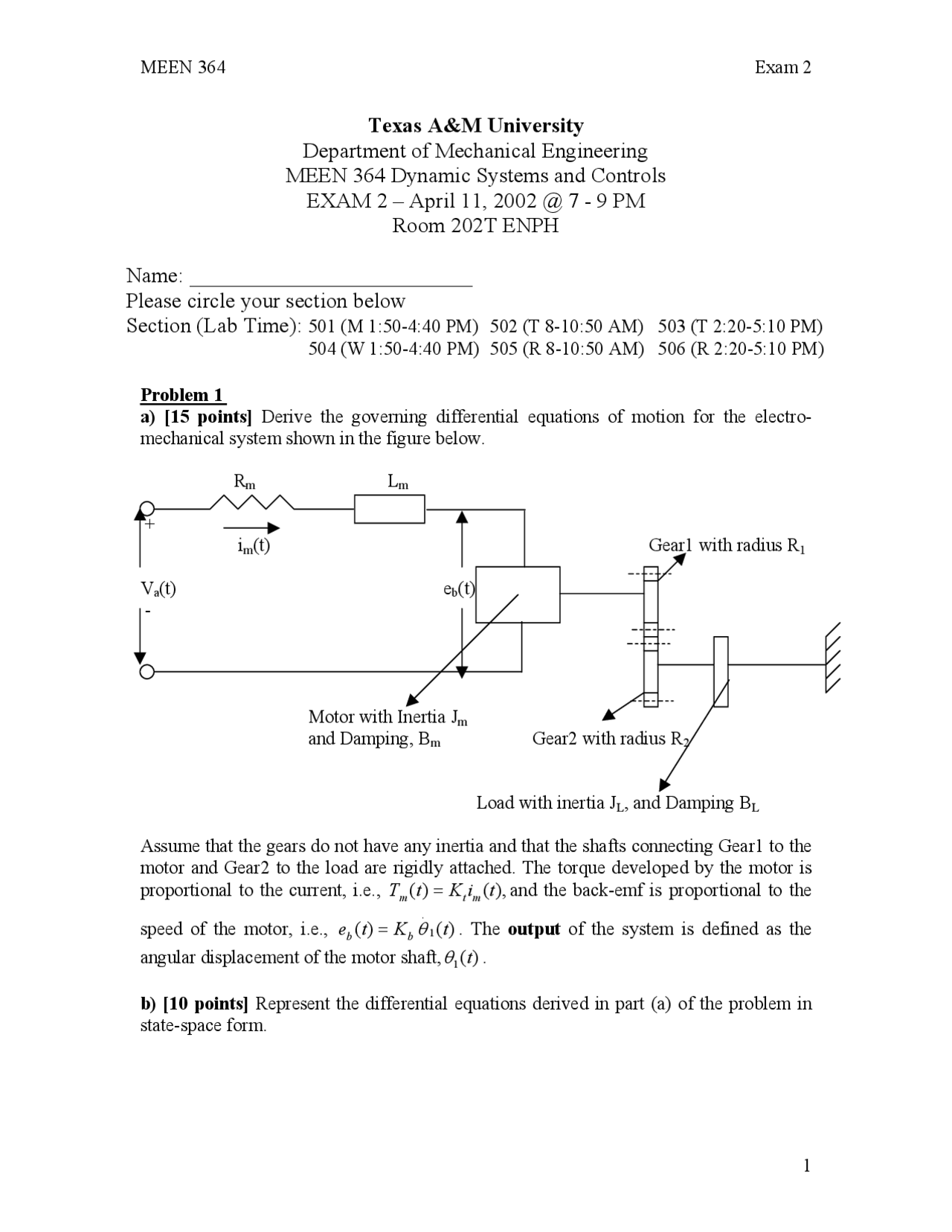 Exam 2 Problems Solution Dynamic System And Control Meen 364 Docsity