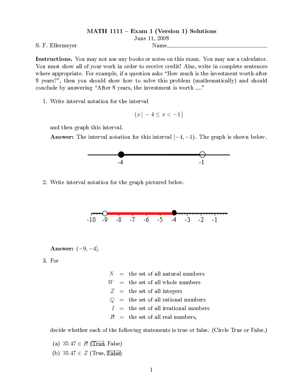 Exam 1 with Solutions - College Algebra | MATH 1111 | Exams Algebra ...