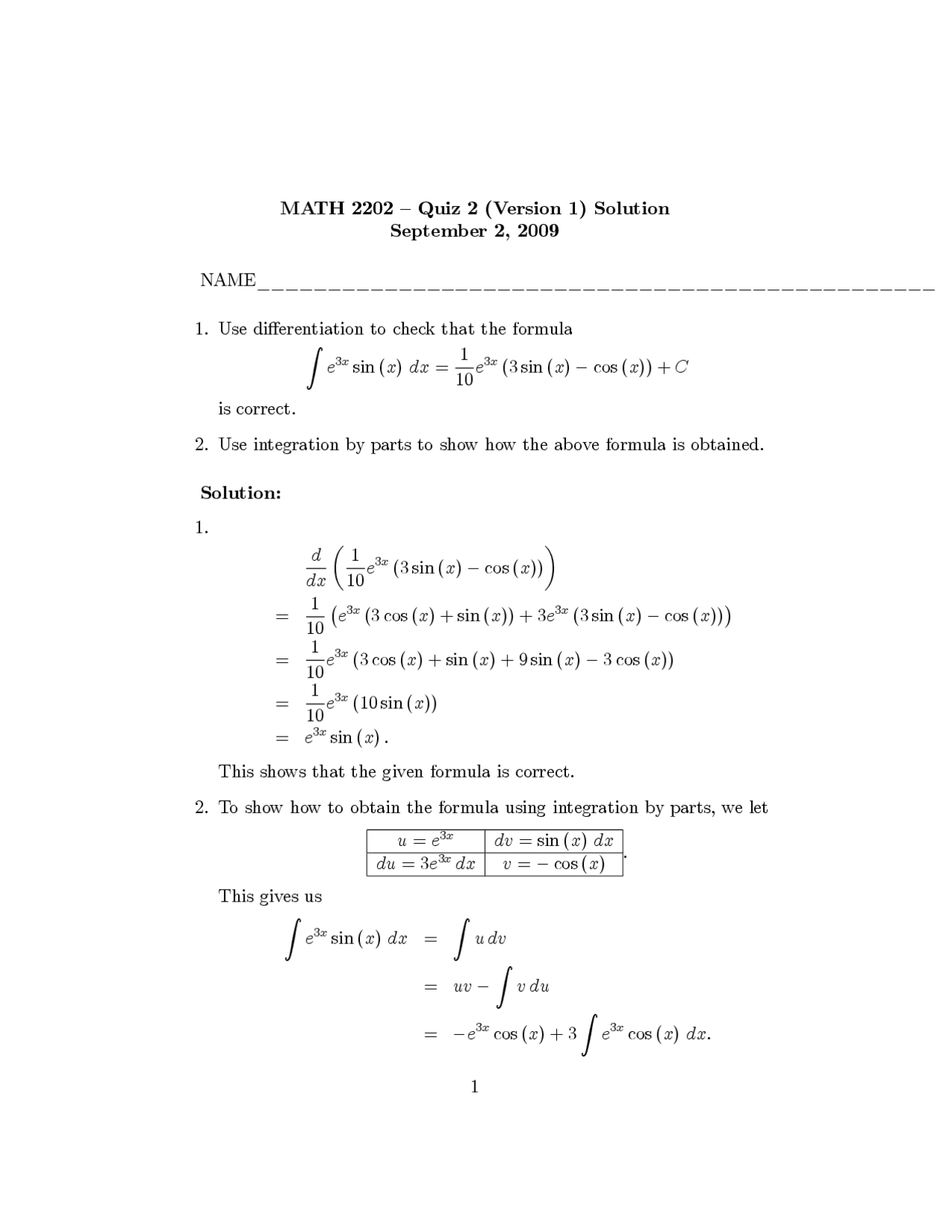 Problems on Calculus with Solution - Quiz 2 | MATH 2202 - Docsity
