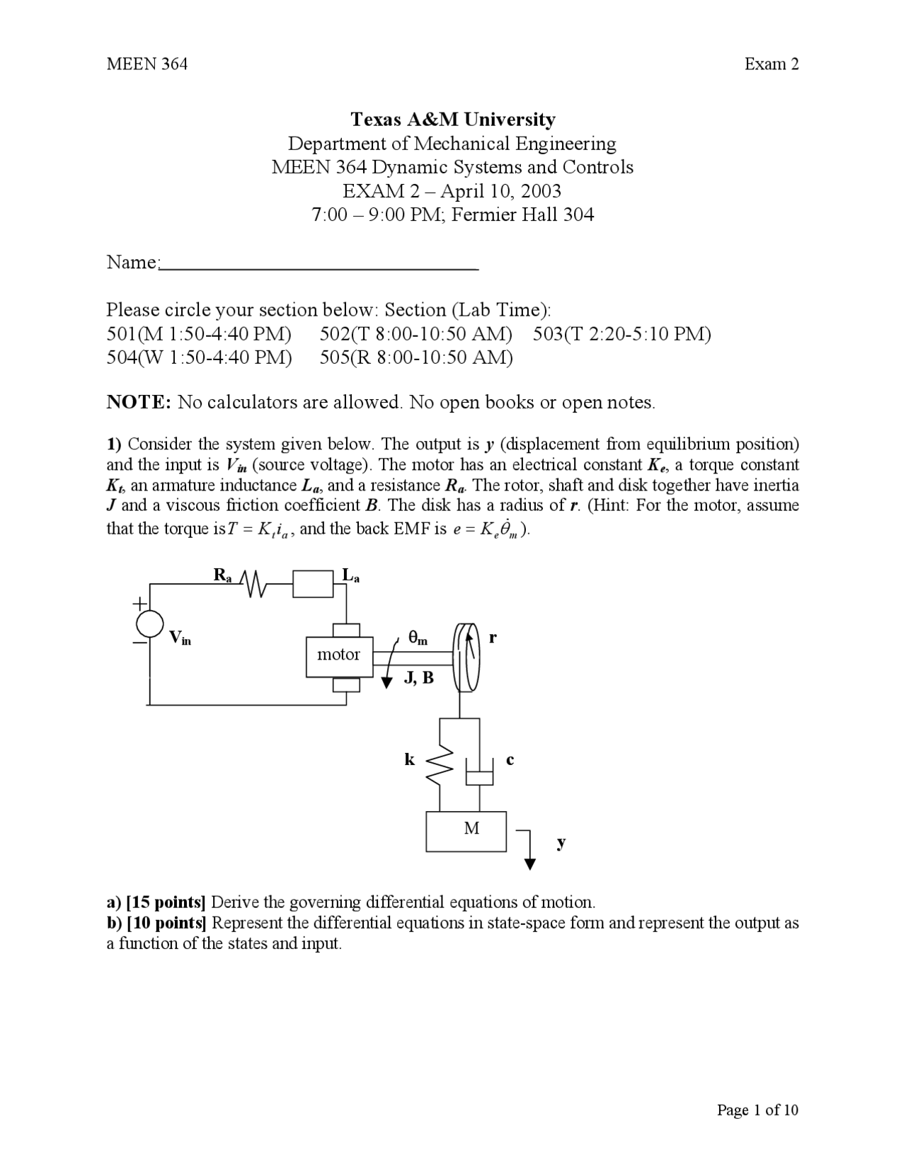 5 Questions Of Dynamic System And Control Exam 2 Meen 364 Docsity
