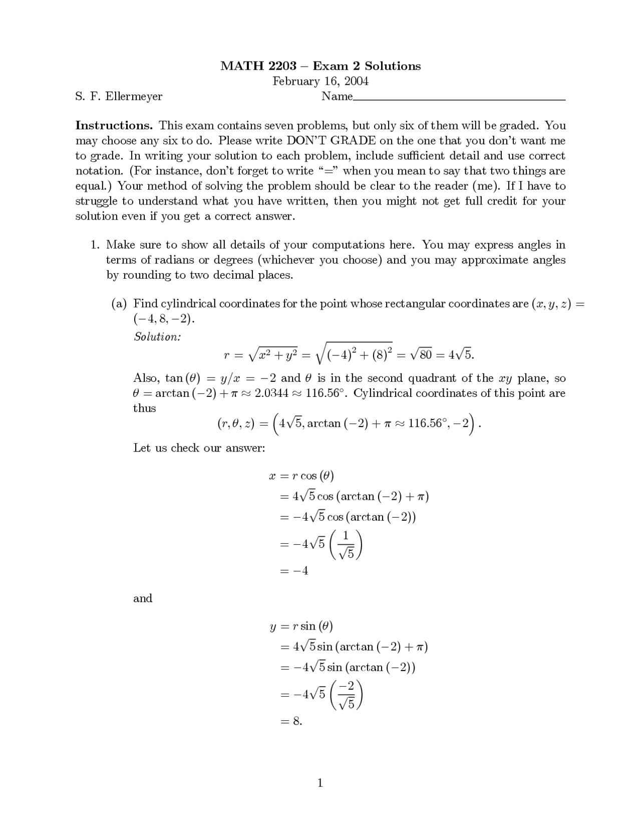 6 Problems On Cylindrical Coordinates Exam 2 Math 2203 Docsity
