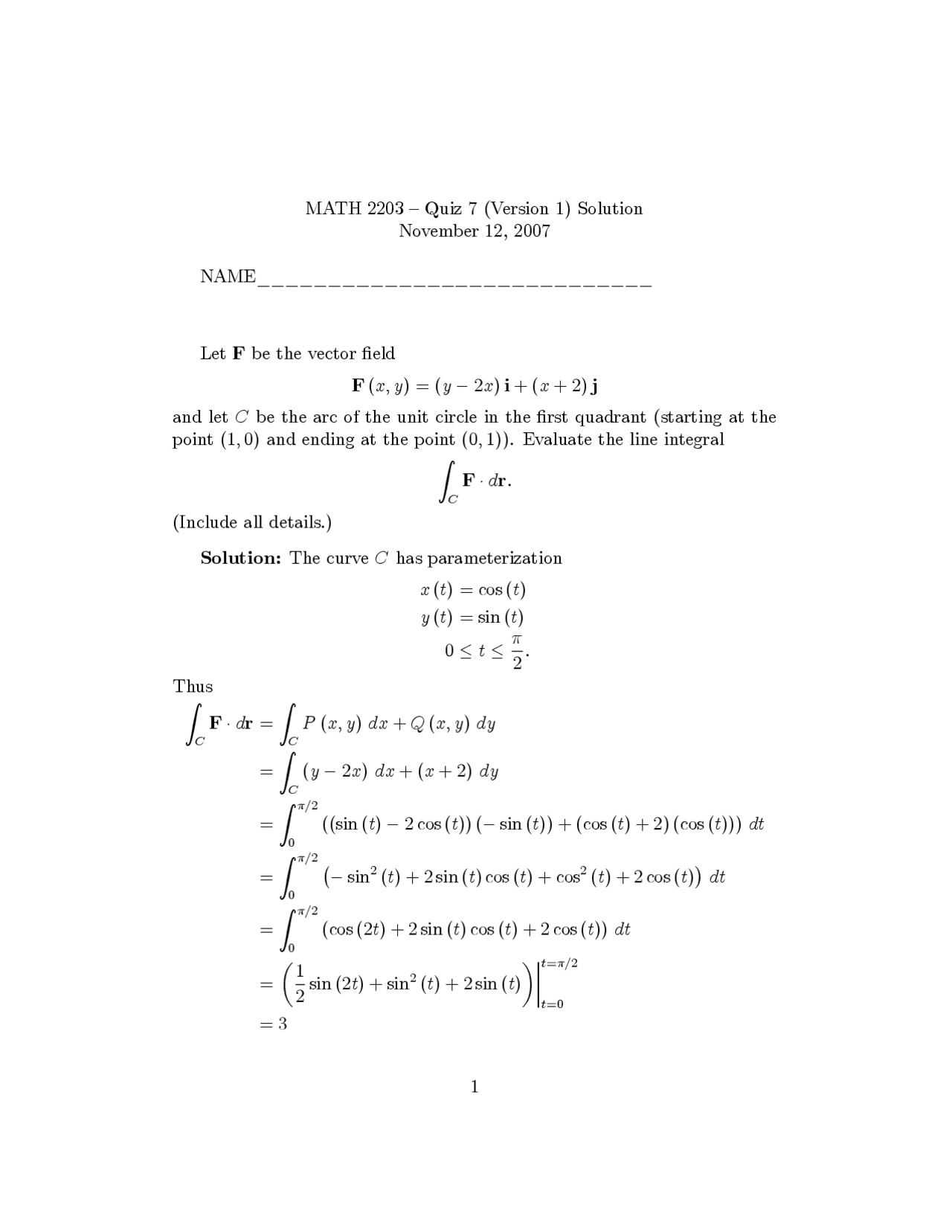 Solution to Questions for Quiz 7 - Calculus III | MATH 2203 - Docsity