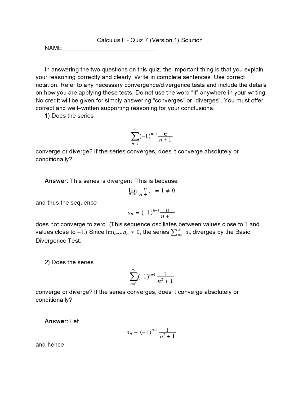 Calculus I Solved Questions Of Divergenceconvergence Tests Math