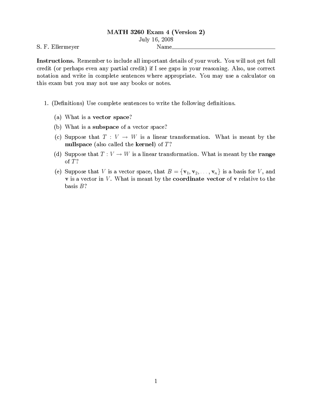 Final Exam Version 2 Linear Algebra I Math 3260 Docsity