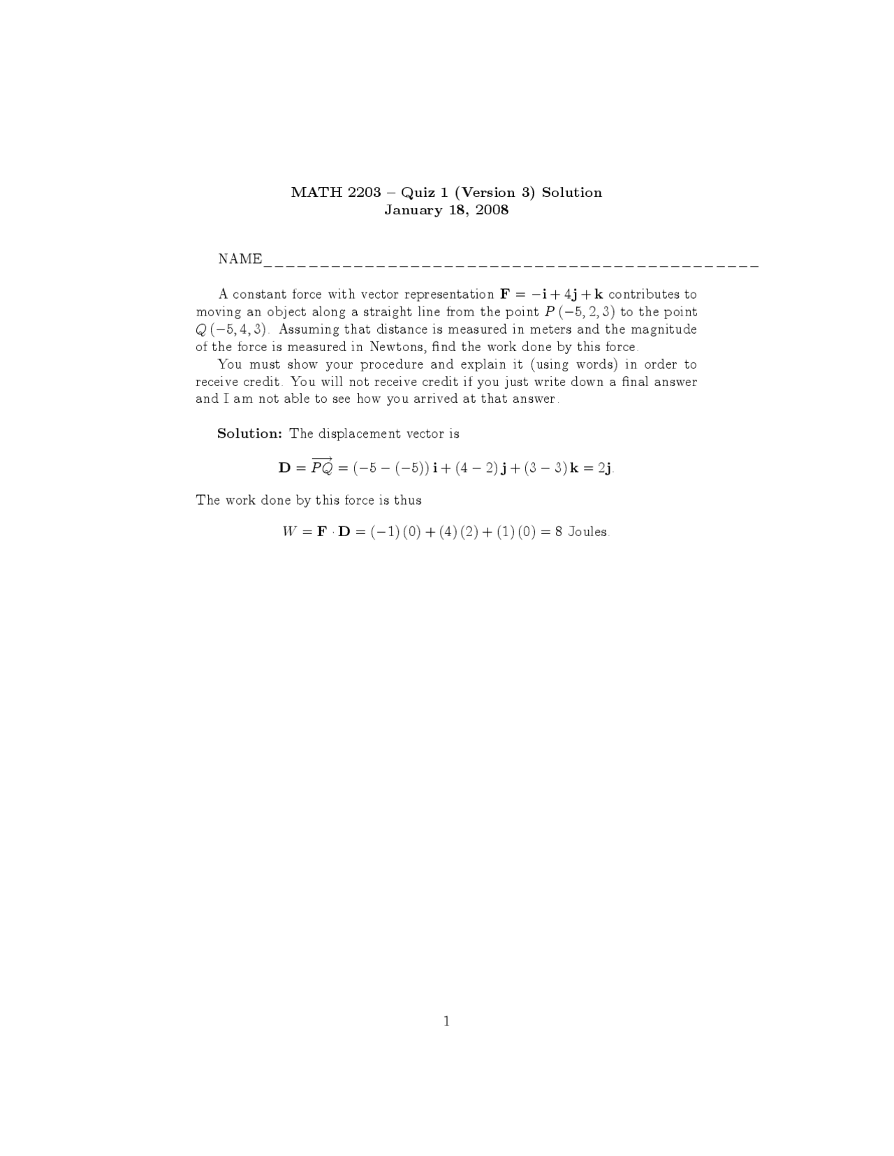 Force On Displacement Vectors Quiz Math 2203 Docsity