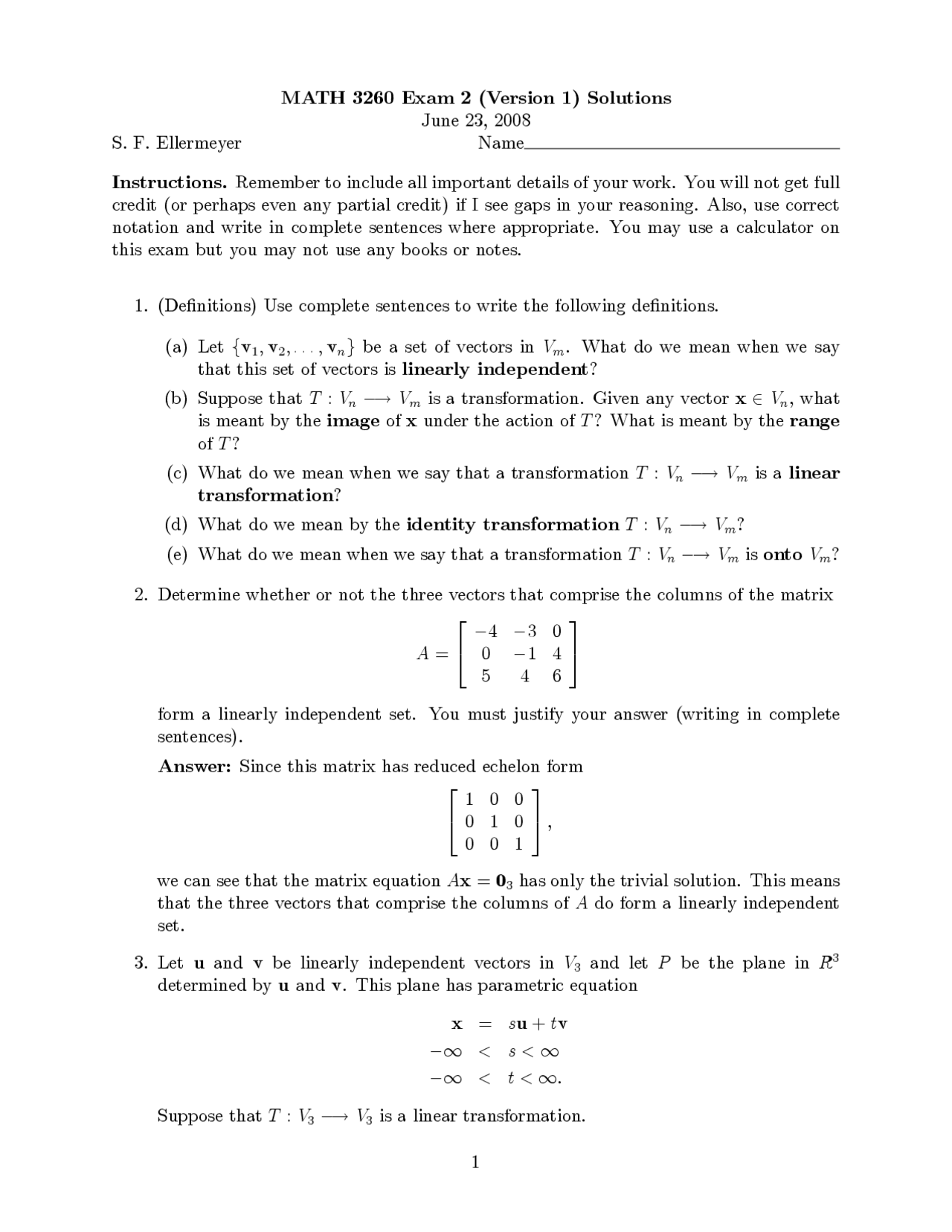 Exam 2 Version 1 Solutions Linear Algebra I Math 3260 Docsity