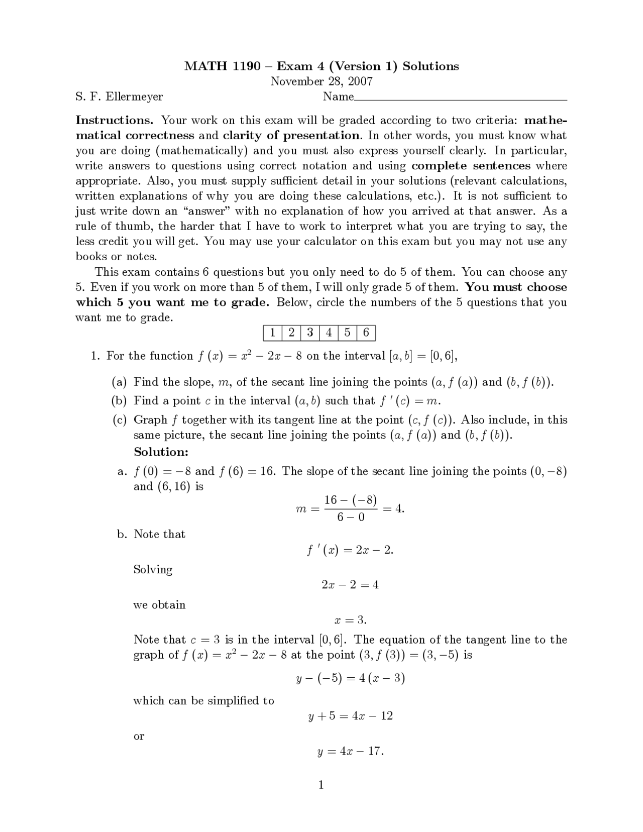 Exam 4 Version 1 Solutions - Calculus I - Honors | MATH 1190 | Exams Calculus | Docsity