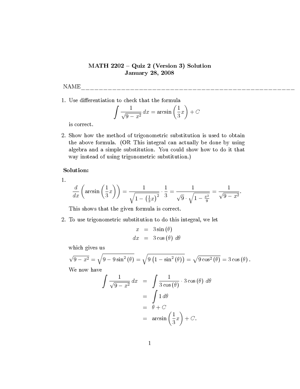 2 Solved Problems on a Trigonometric Substitution - Quiz 2 | MATH 2202 ...