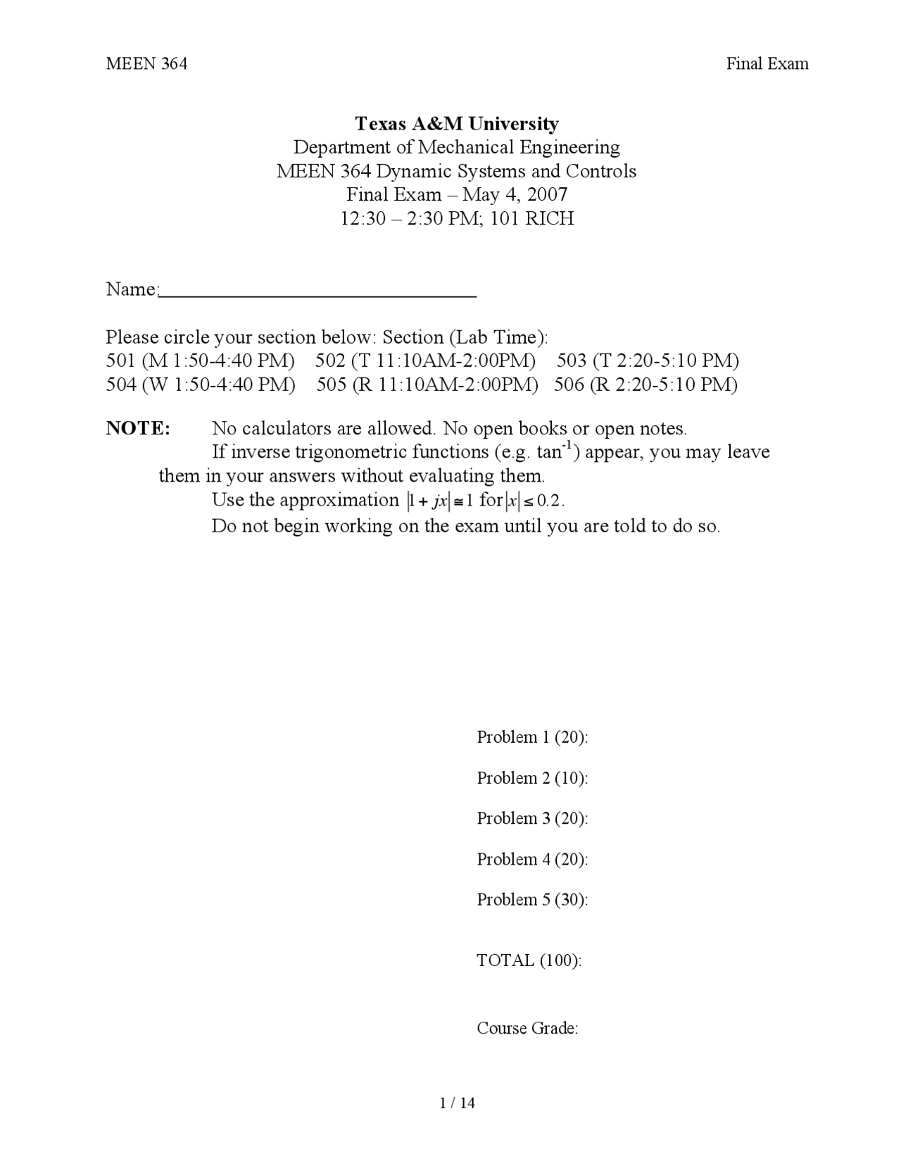 Past Final Exam Dynamic Systems And Control Fall 2007 Meen 364