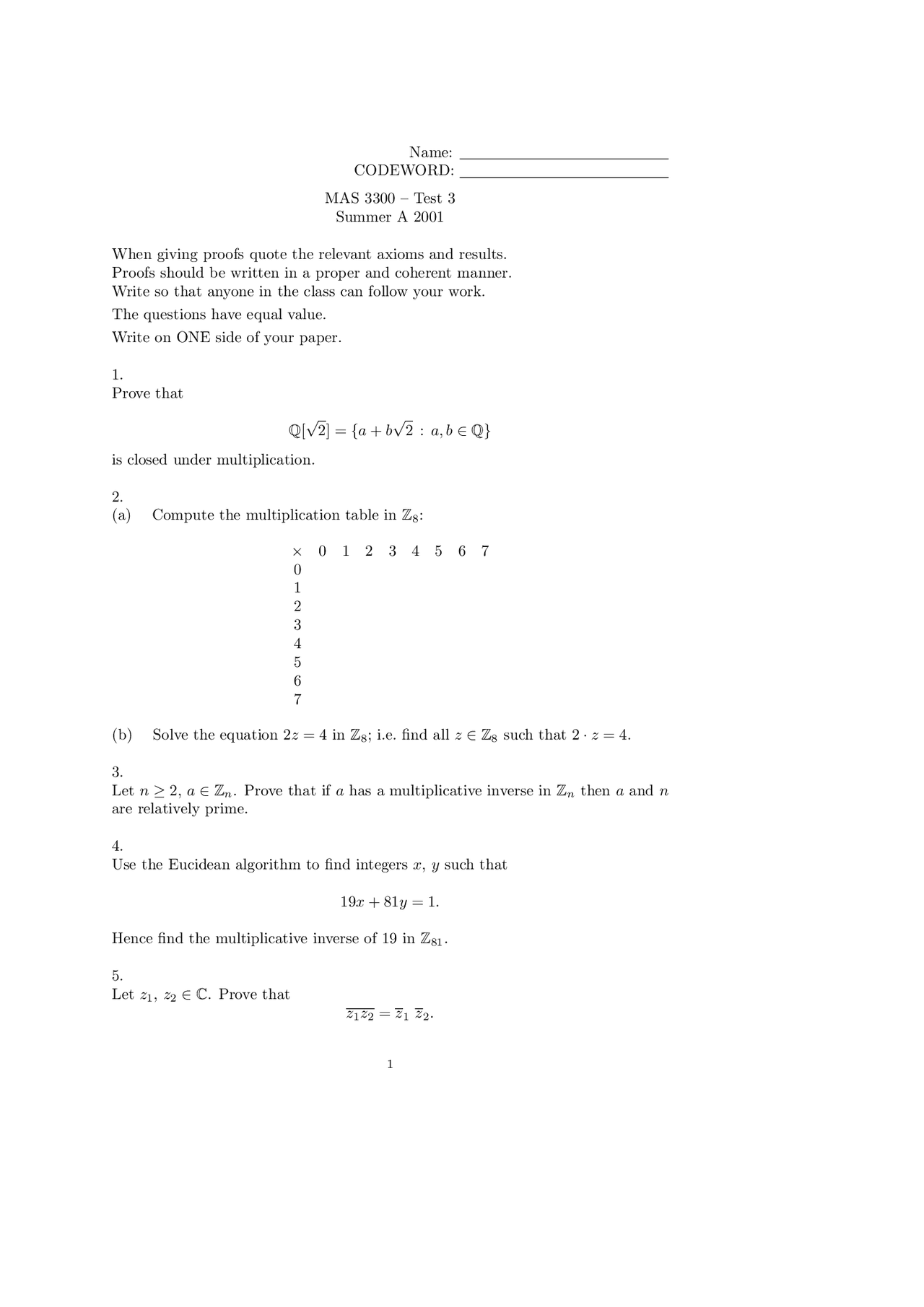 Unsolved Exam 3 - Numbers and Polynomials | MAS 3300 - Docsity