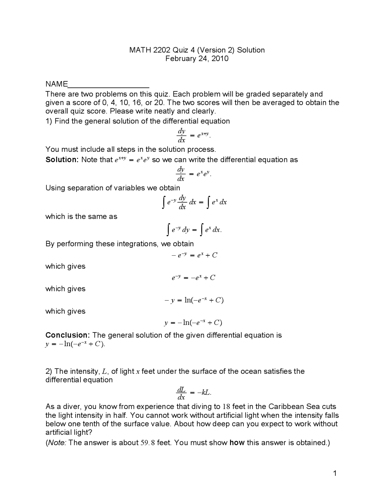 Quiz 4 Version B with Solutions - Calculus II | MATH 2202 | Quizzes Calculus | Docsity